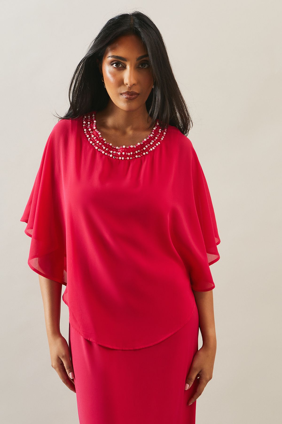 Petite Occasion Pearl Overlay Formal Maxi Dress