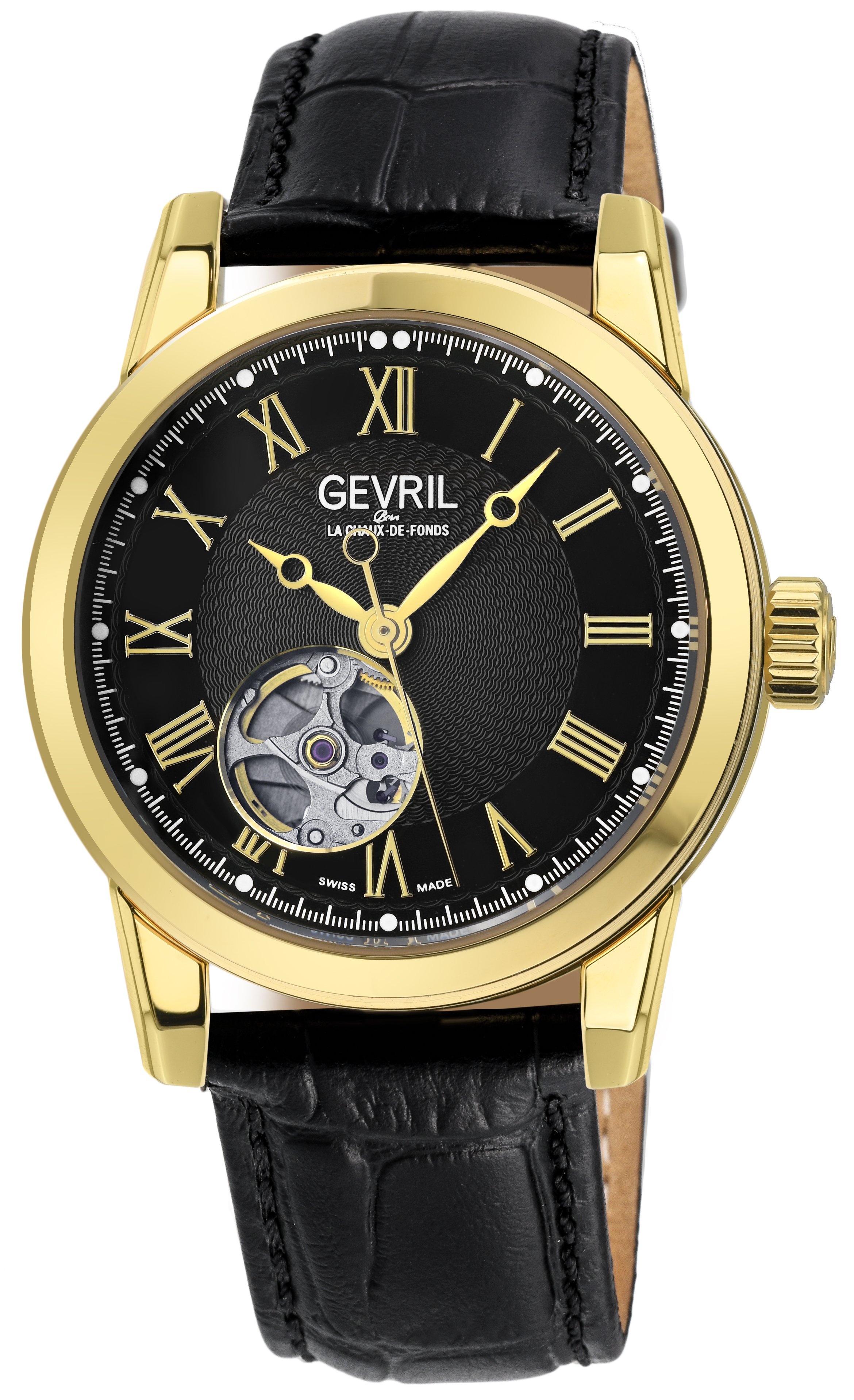 Gevril Men's Madison Black Dial Black Leather Swiss Automatic Watch