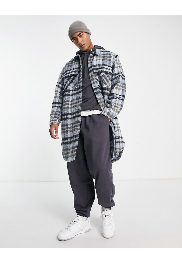 ASOS DESIGN longline check shacket in blue