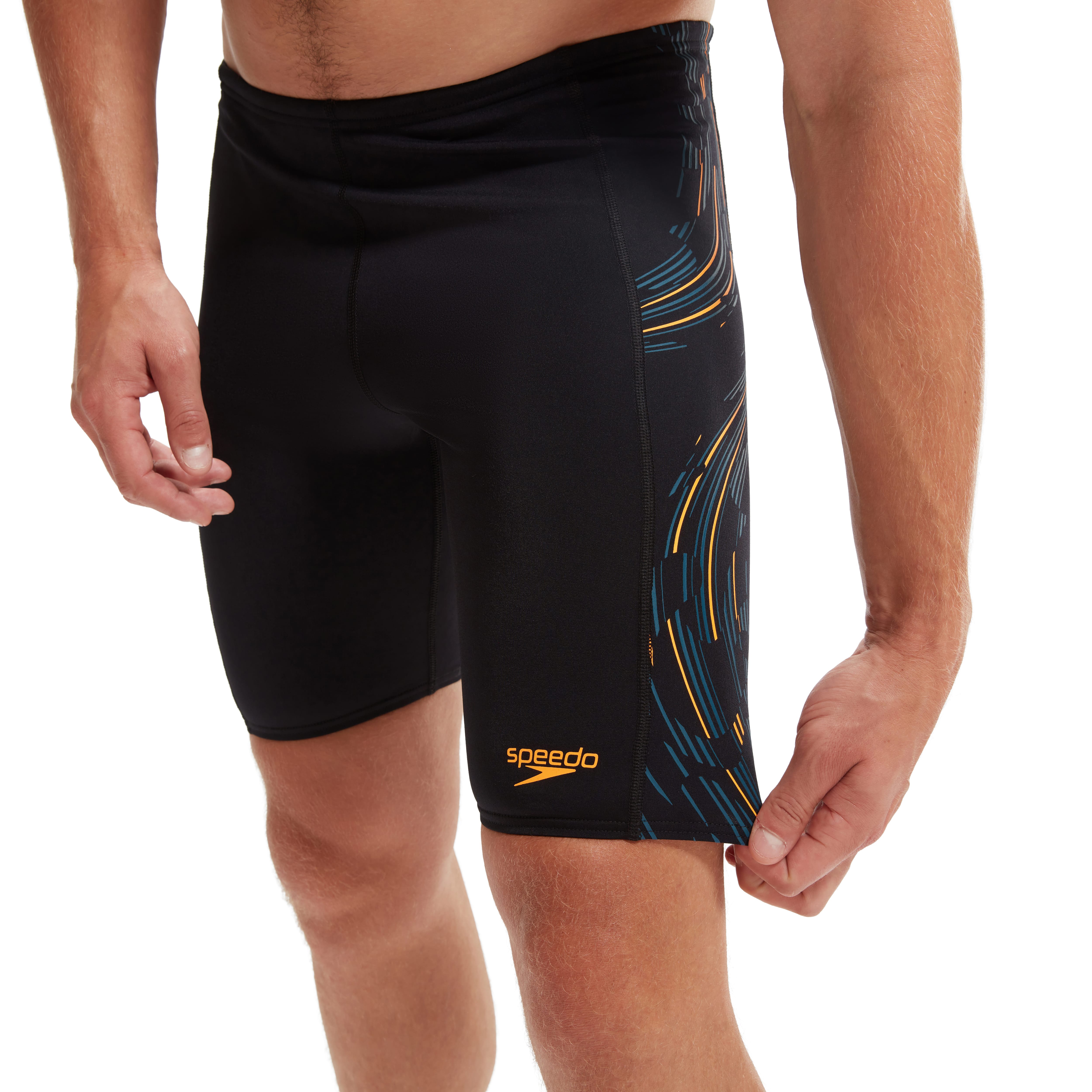 Men's Speedo Tech Panel Jammer Shorts in black orange