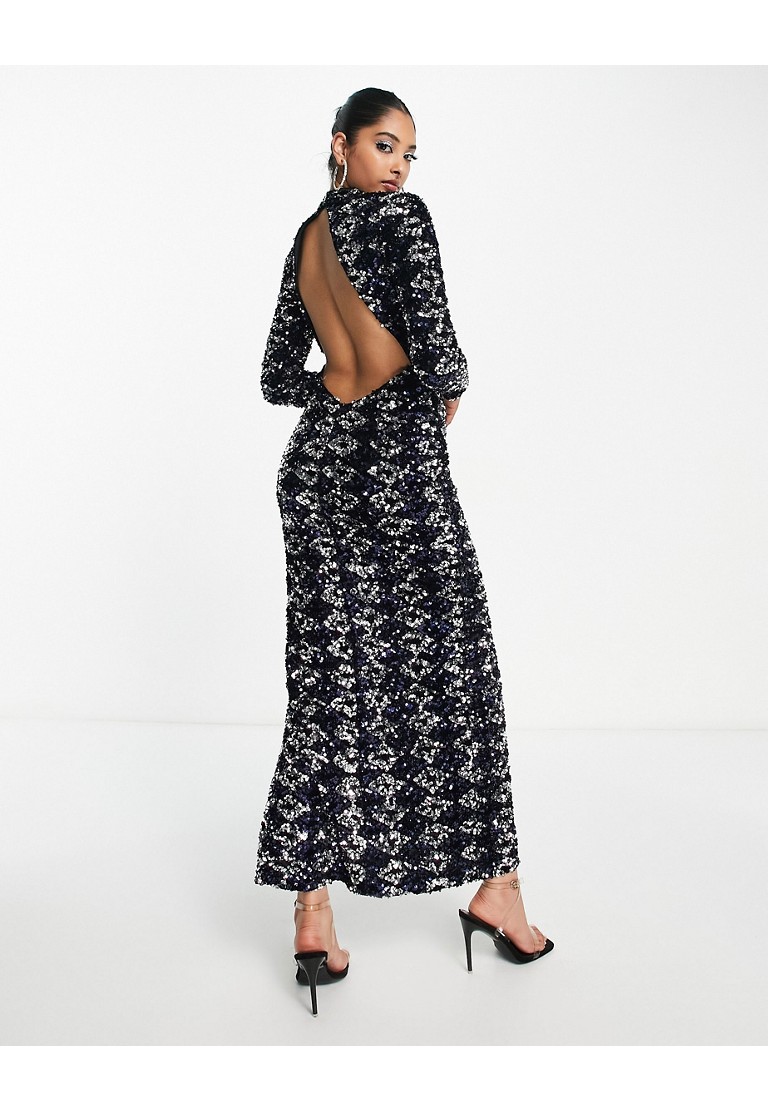 ASOS DESIGN high neck backless sequin maxi dress in midnight blue-Black