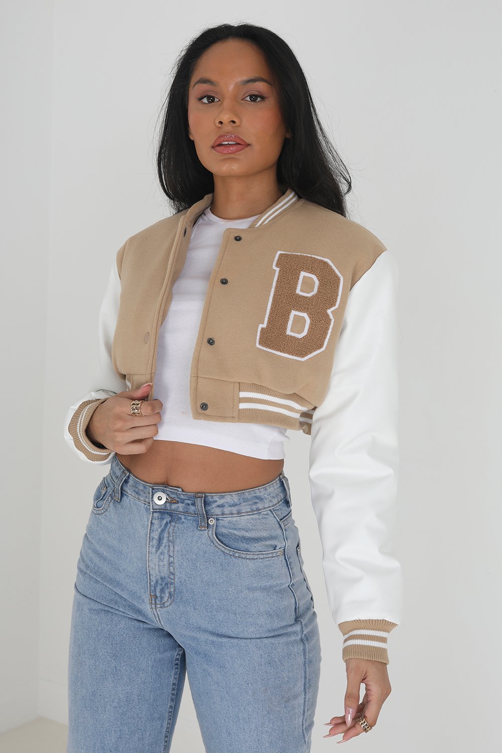 Stone Faux Wool 'Lucy' Cropped Varsity Bomber Jacket