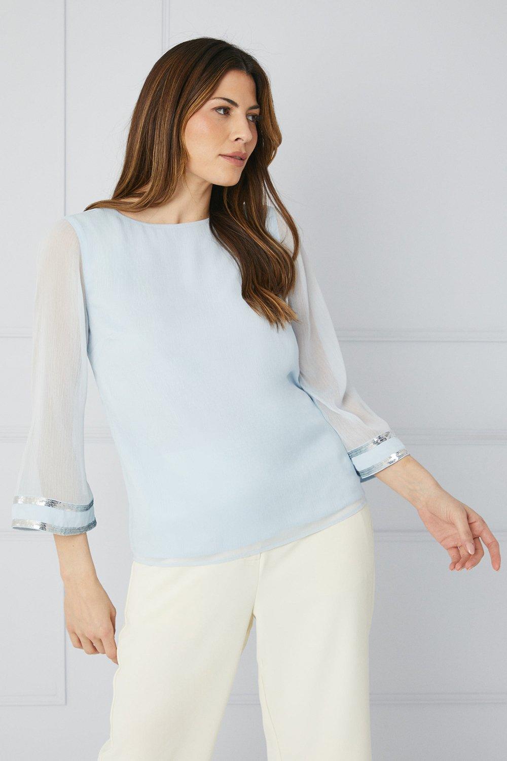Sequin Trim ¾ Sleeve Overlay Top