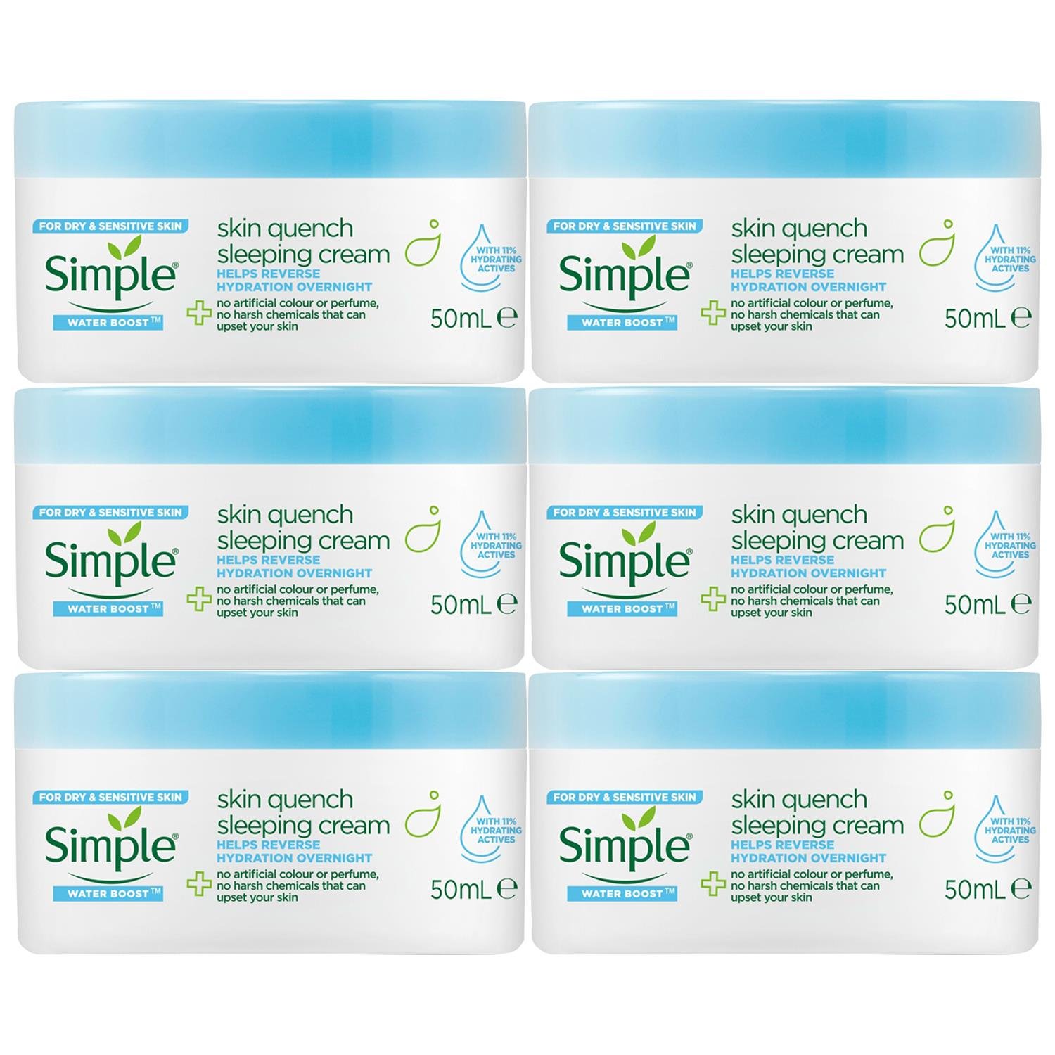 Simple Water Boost Skin Quench Night Cream for Dehydrated Skin, 6x 50ml