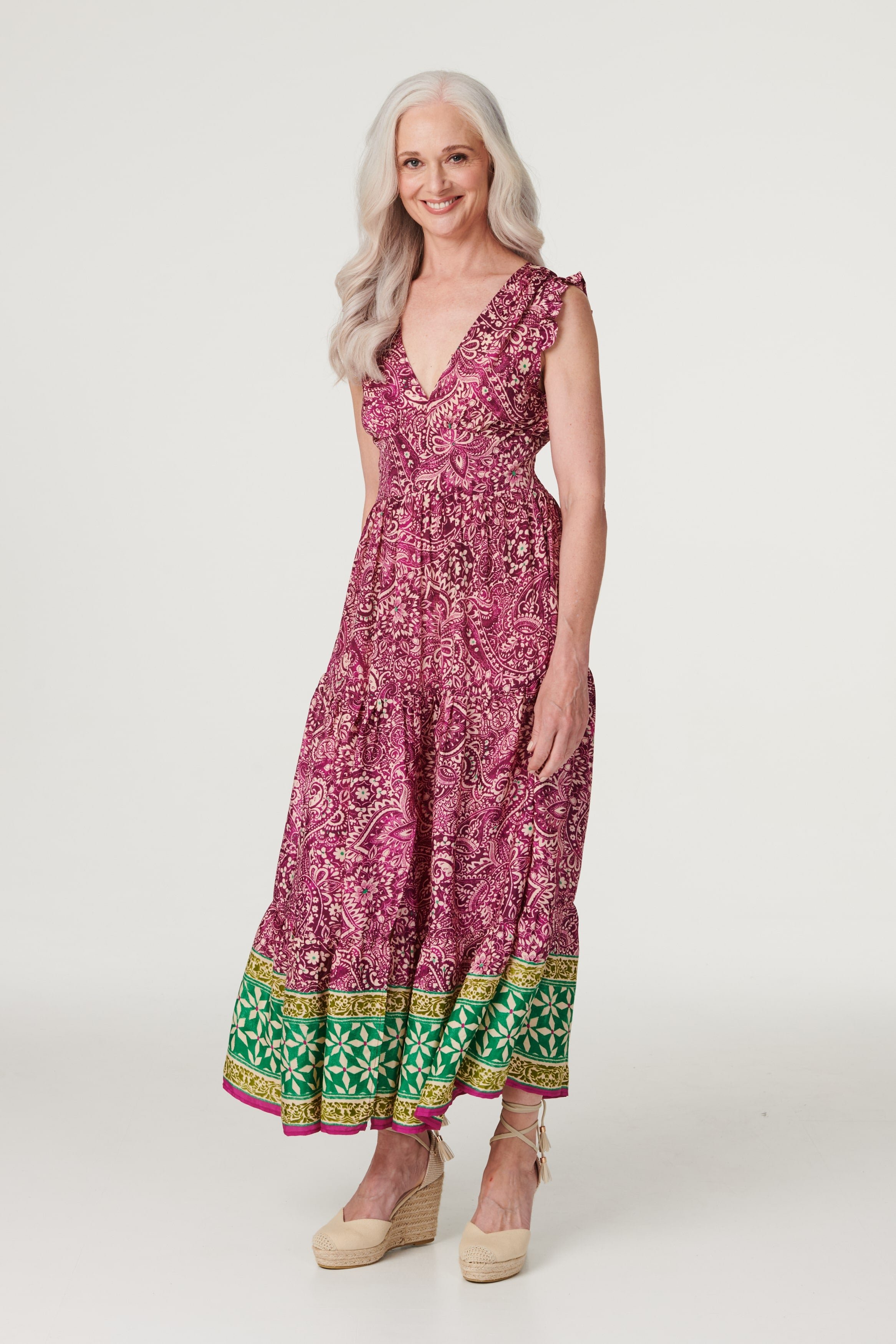 Raspberry Paisley Frill Sleeve Maxi Dress