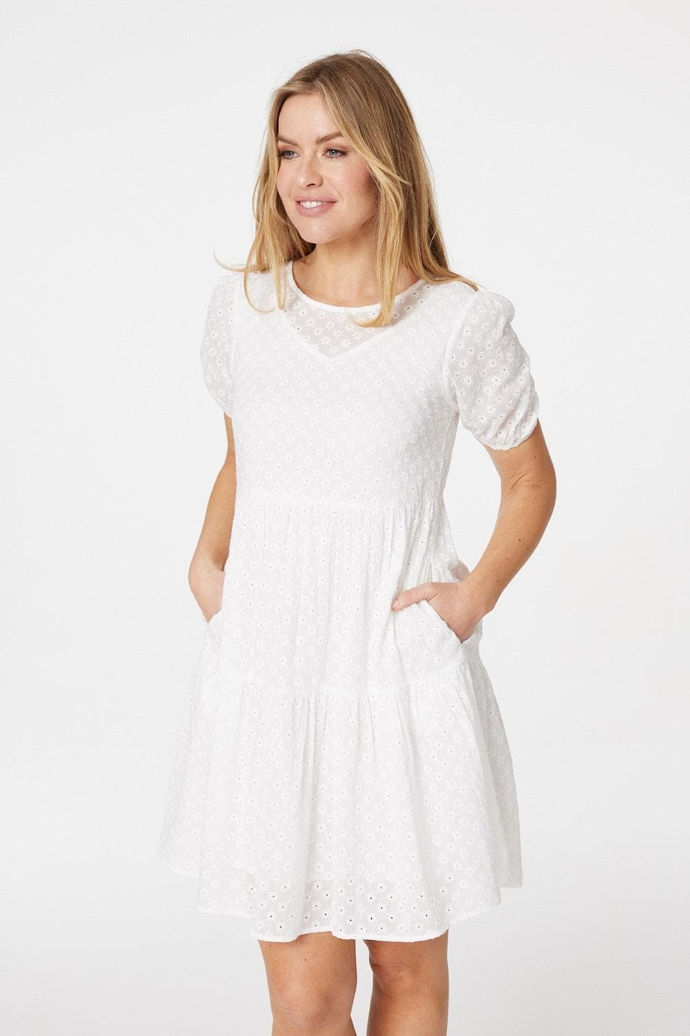 White Floral Cotton Short Smock Dress