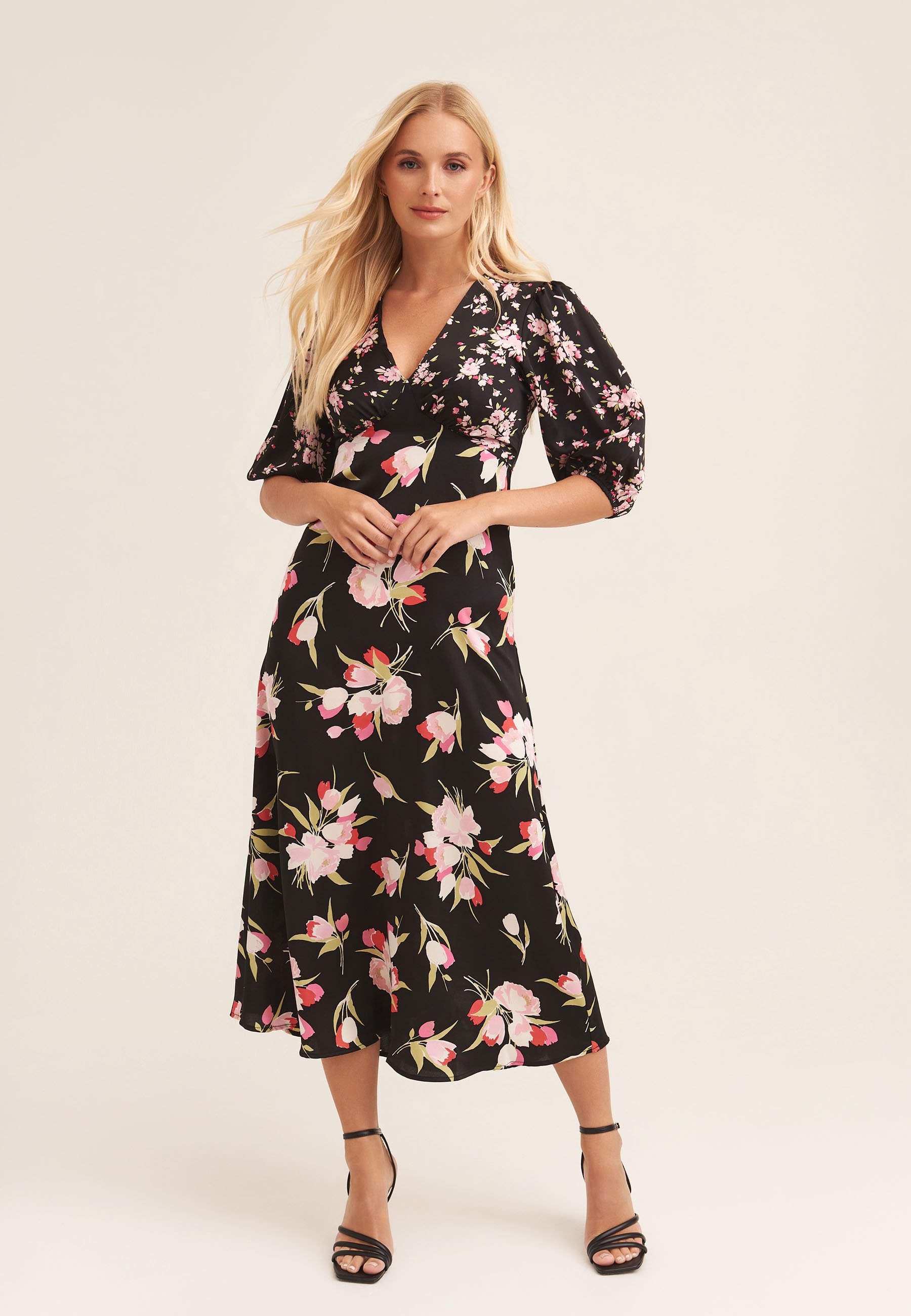 Black Floral Print Mix And Match Midi Dress
