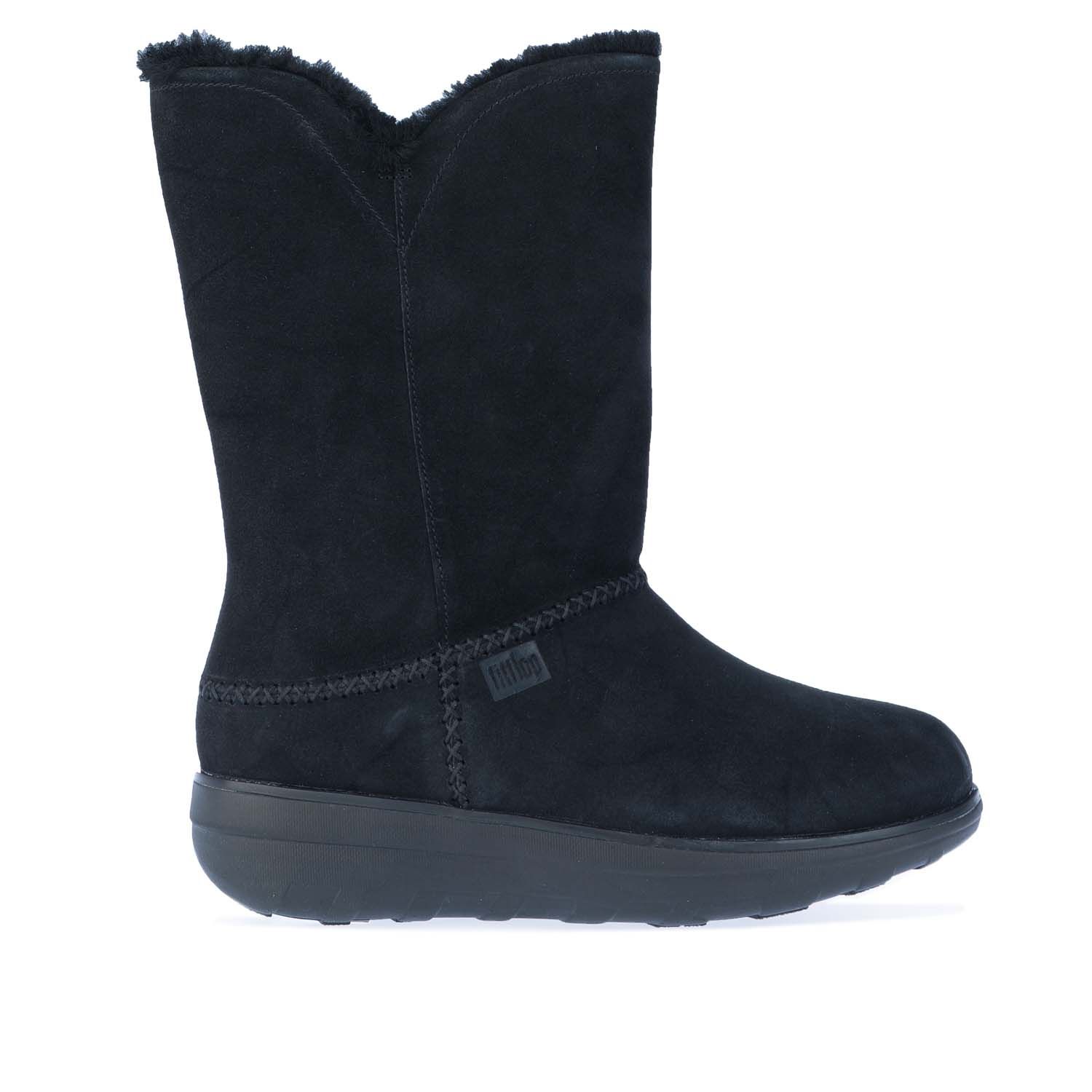 Women's Fit Flop Mukluk Shearling-Lined Suede Calf Boots in Black