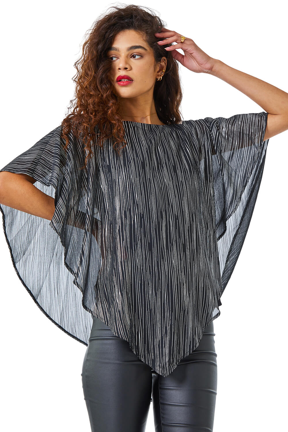 Metallic Print Chiffon Overlay Top