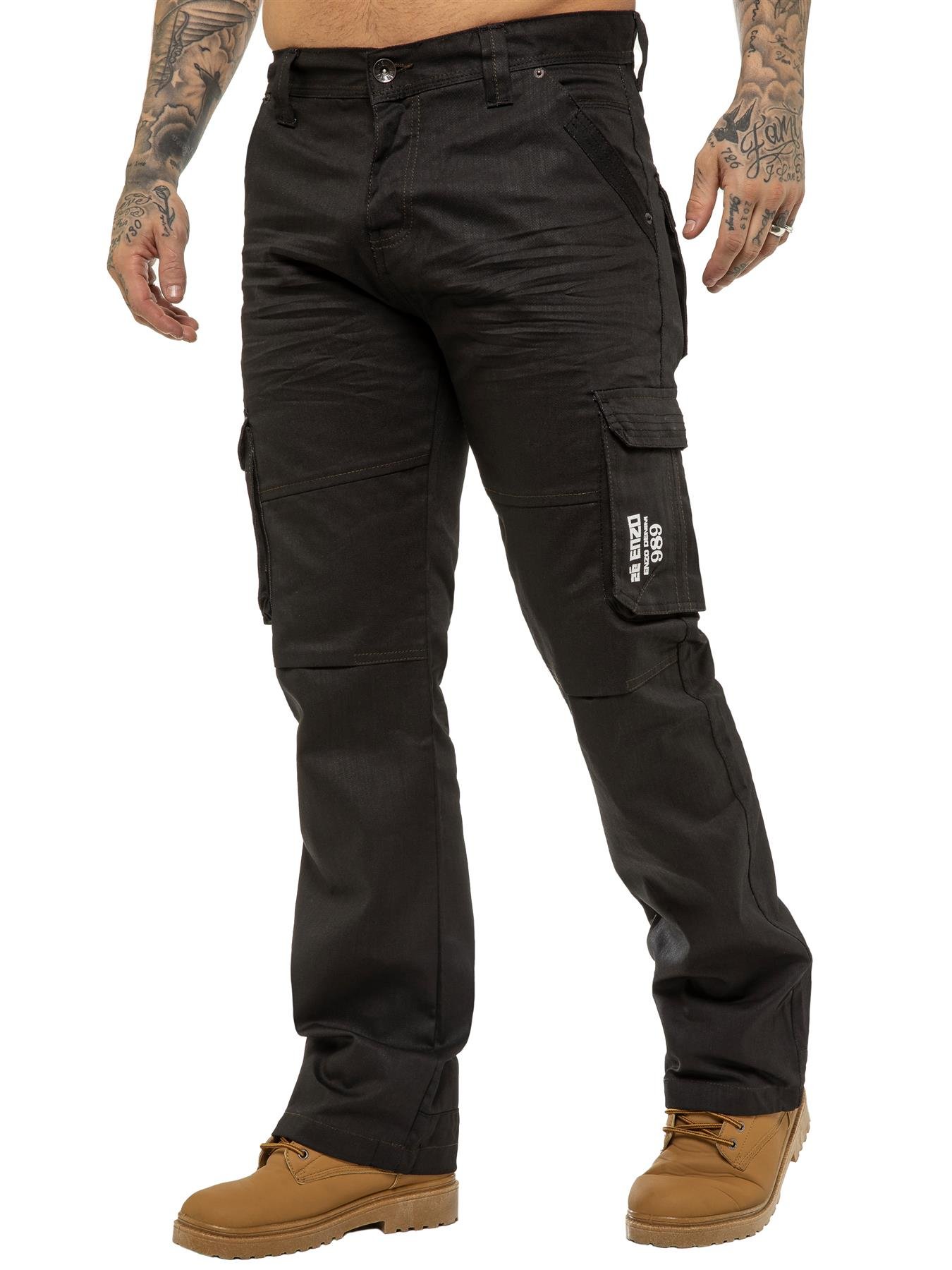 Enzo | Mens Cargo Combat Jeans - Black