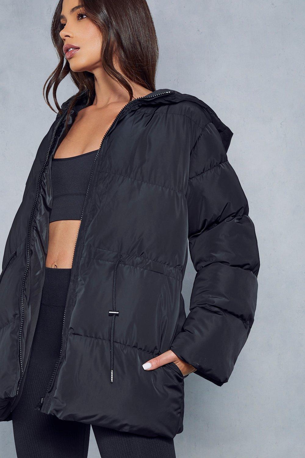 Cinched Waist Hooded Puffer Coat