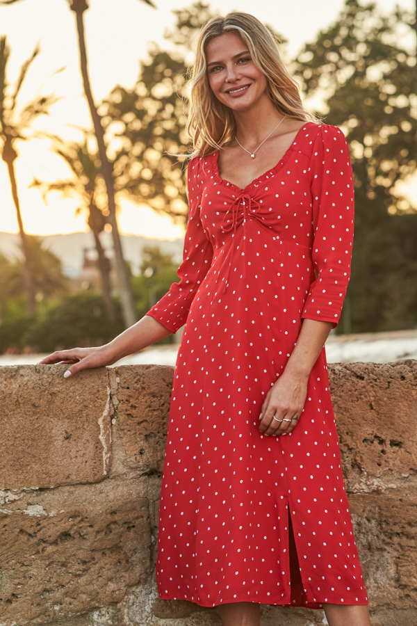 Red & White Spot Print Ruched Front Dress