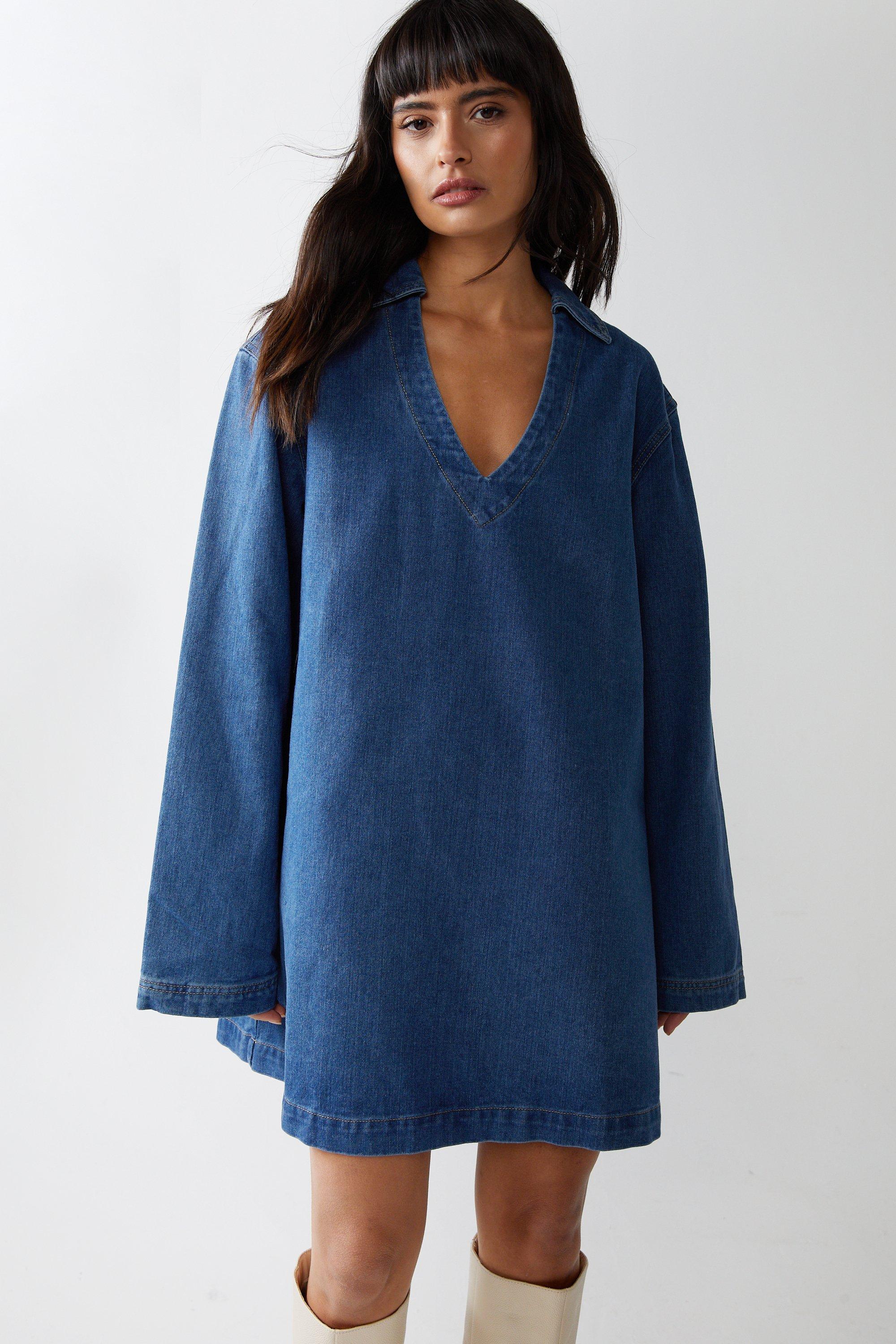 Long Sleeve Denim Smock Dress