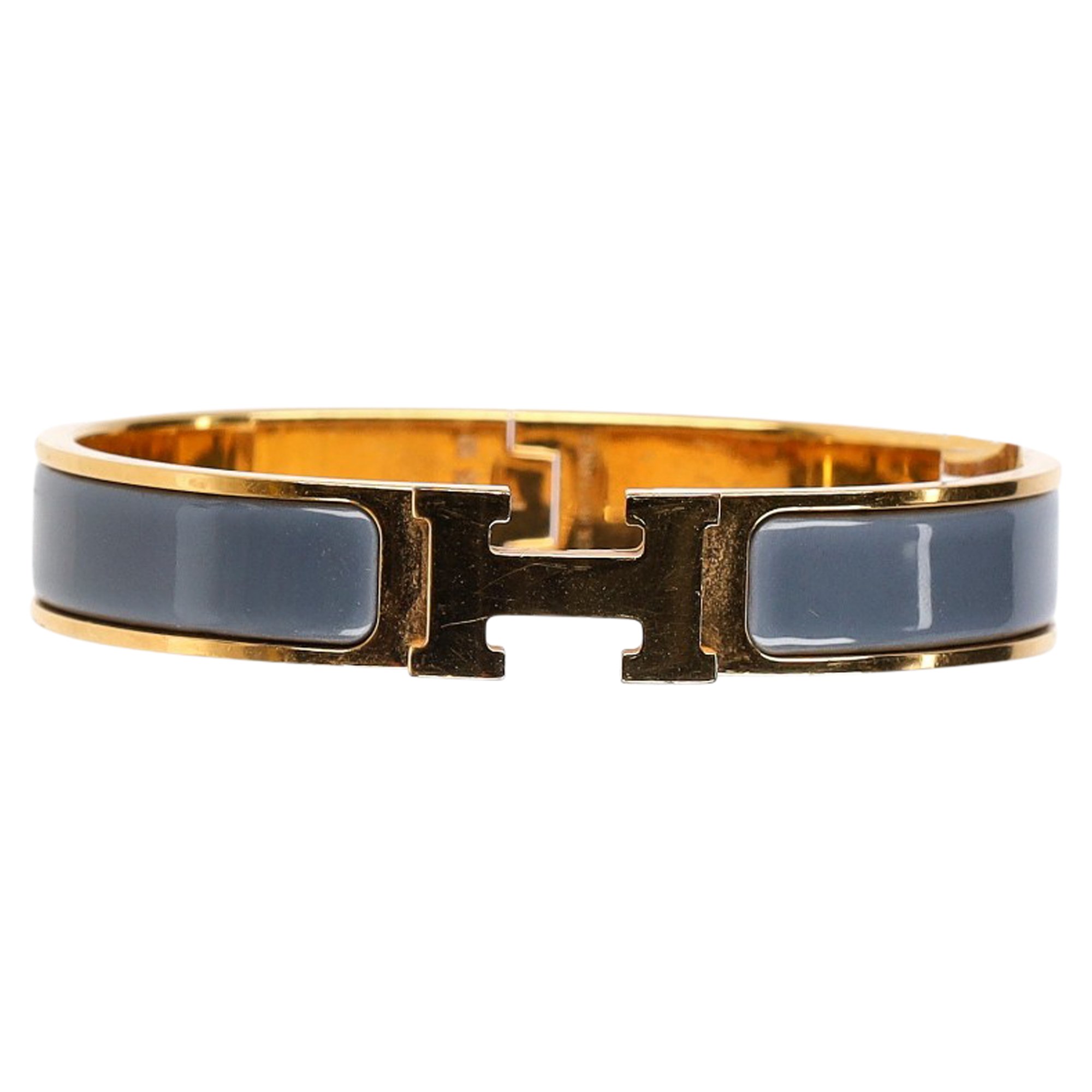 Hermès GM Clic H Bangle Bracelet in Blue and Gold-Plated Metal