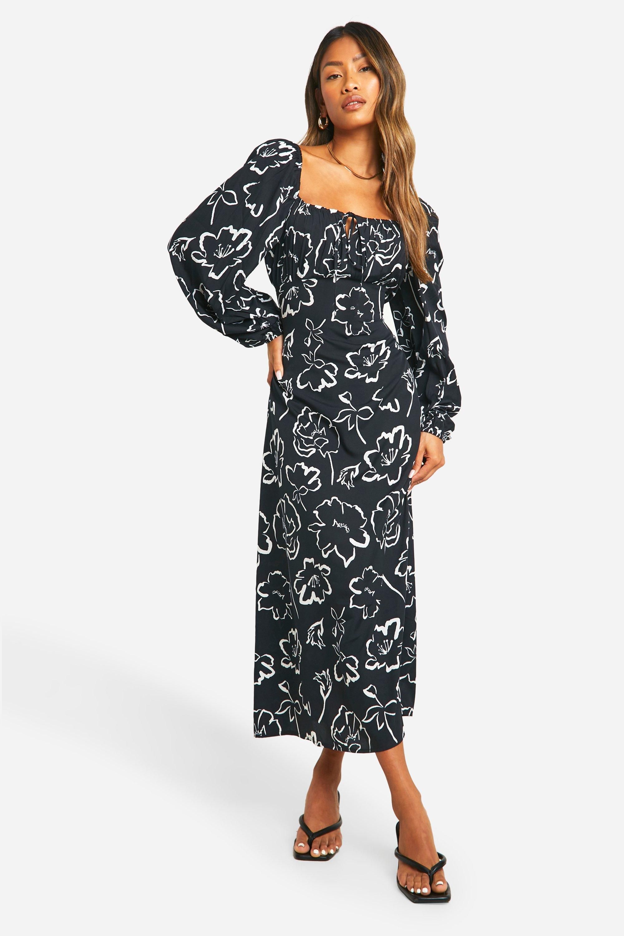 Mono Floral Puff Sleeve Midaxi Dress
