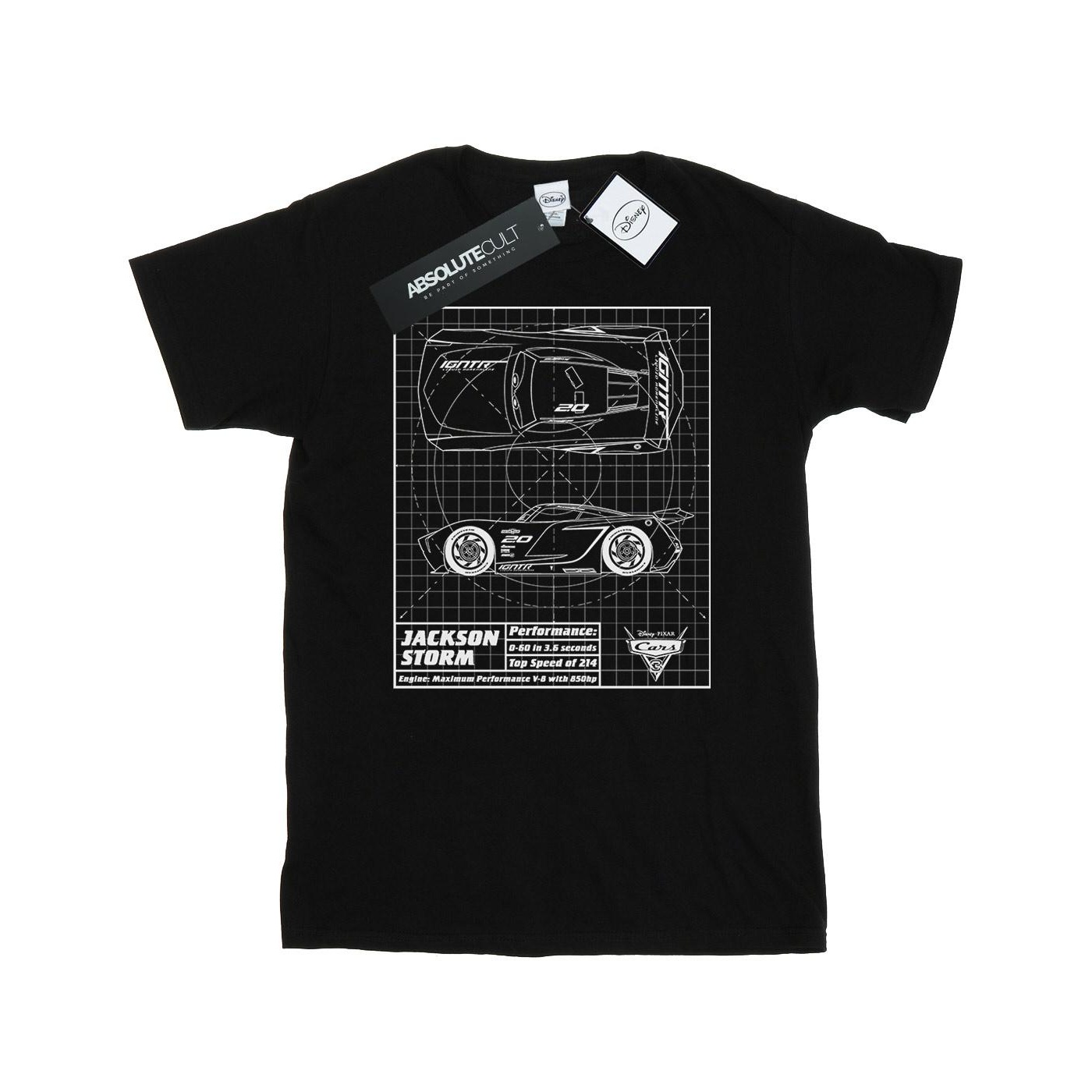 Disney Mens Cars Jackson Storm Blueprint T-Shirt (Black)