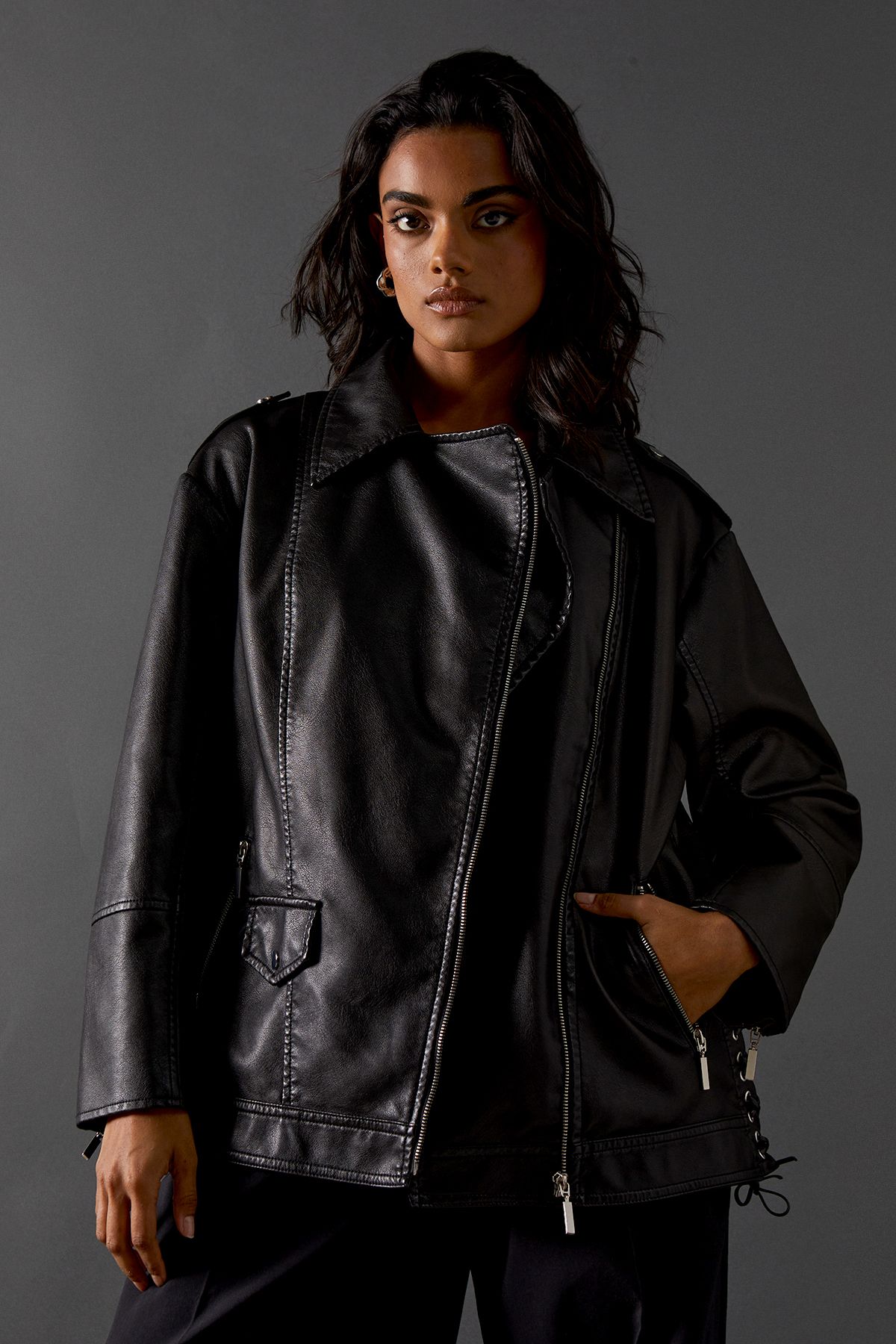 Oversized Whipstitch Detail Leather Jacket