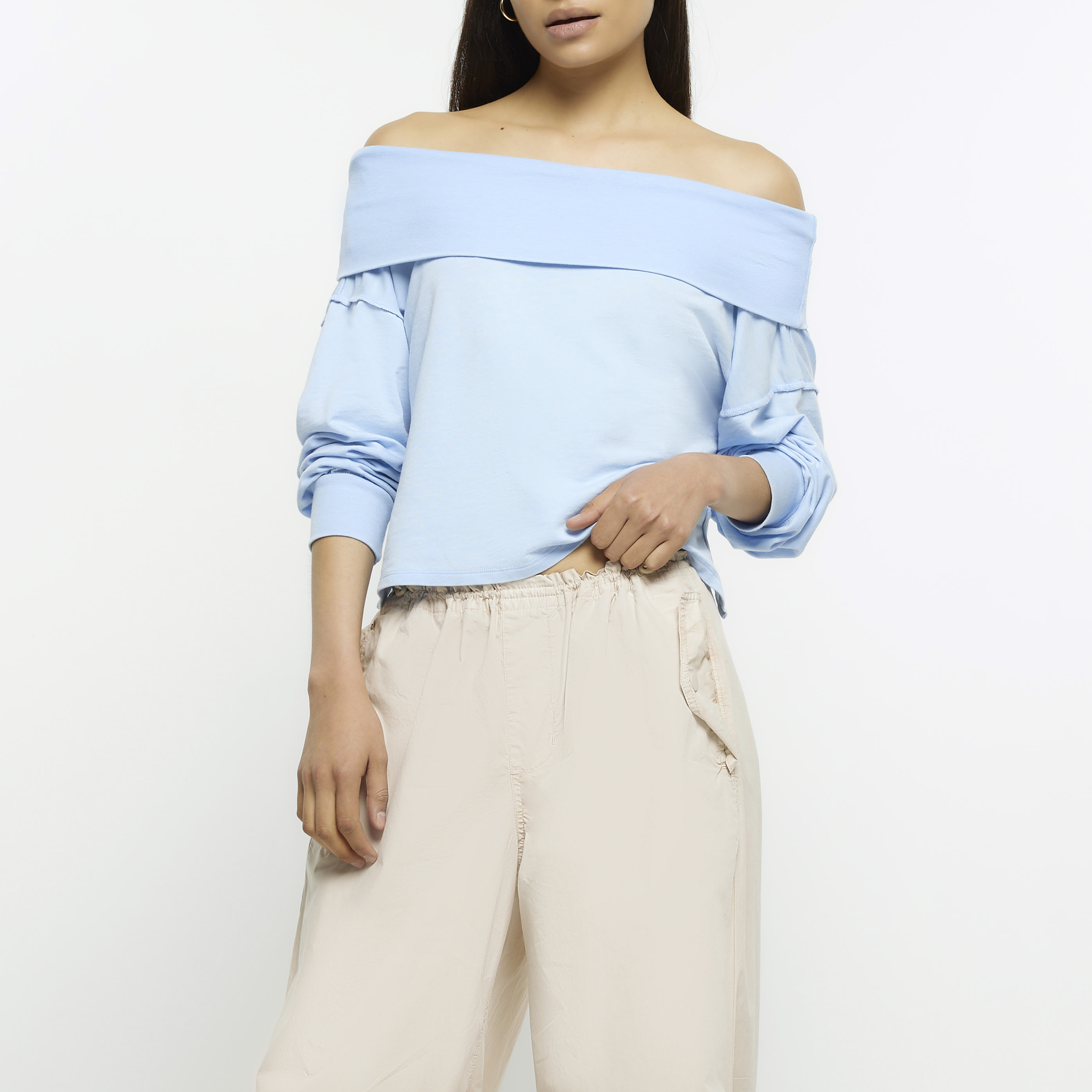 River Island Womens Blouse Blue Textured Bardot