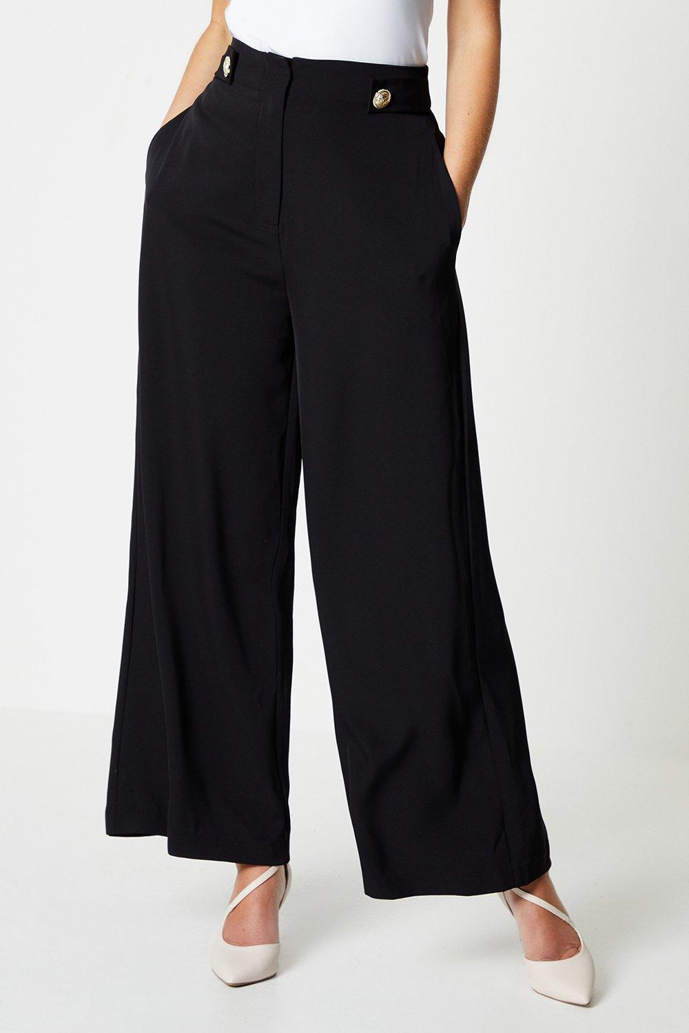 Petite Button Tab Detail Wide Leg Trouser