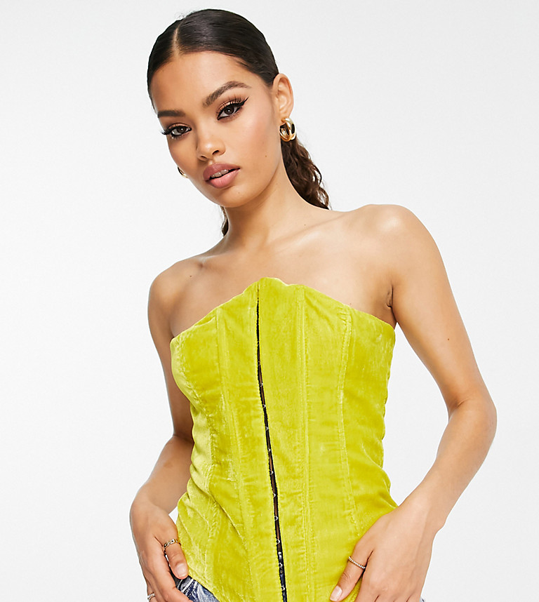 ASOS DESIGN Petite bandeau corset with hook & eye in chartruese velvet ...