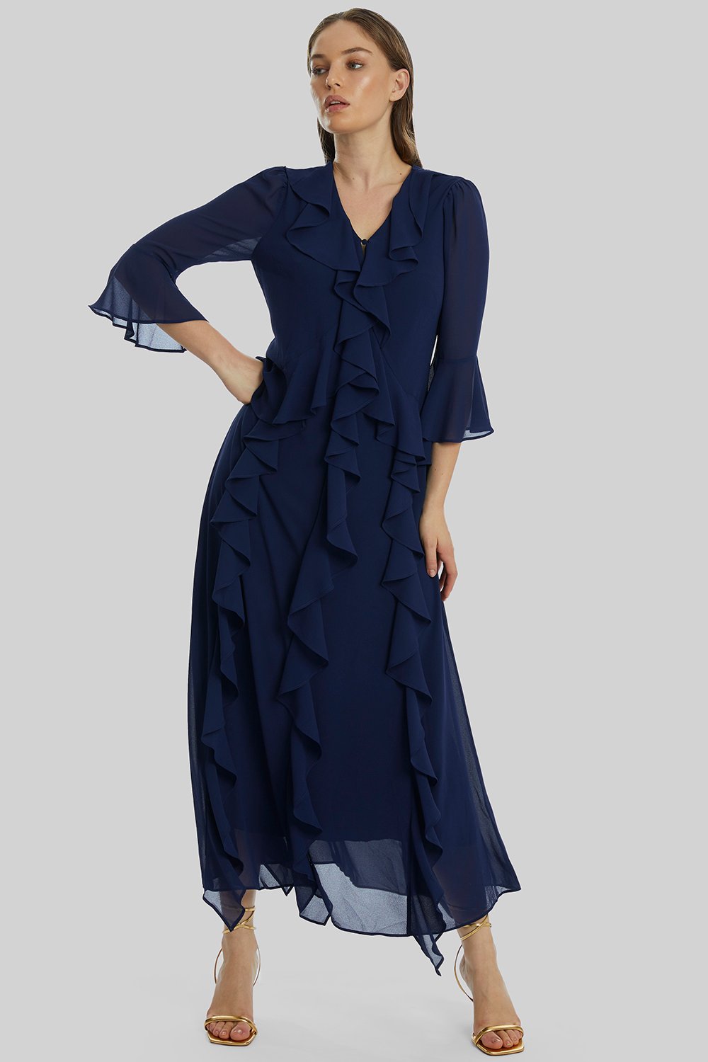 V-neck Chiffon Ruffle Dress Blue