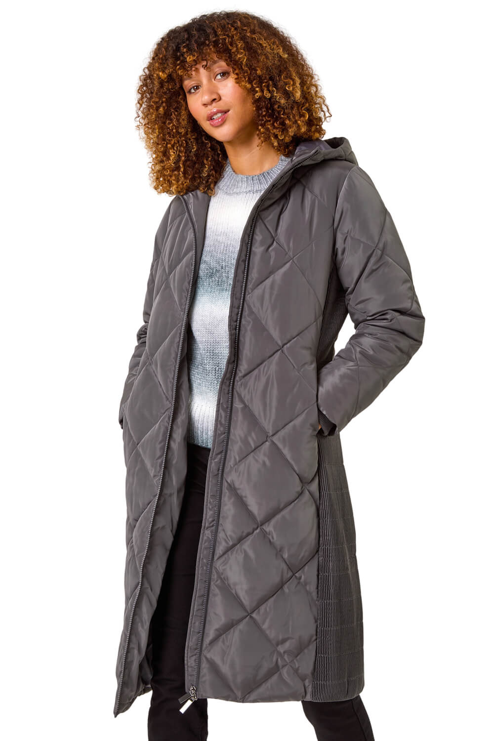 Longline Diamond Quilt Hooded Coat