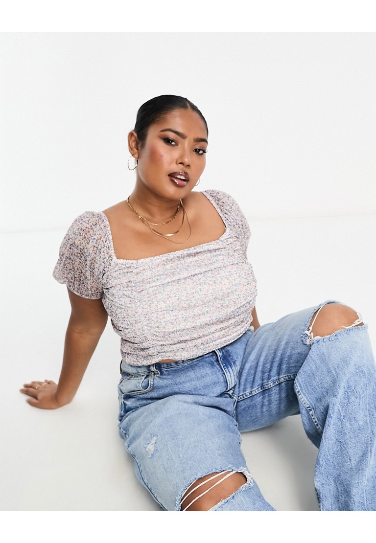 In The Style Jess Millichamp floral print puff sleeve ruched top in blue