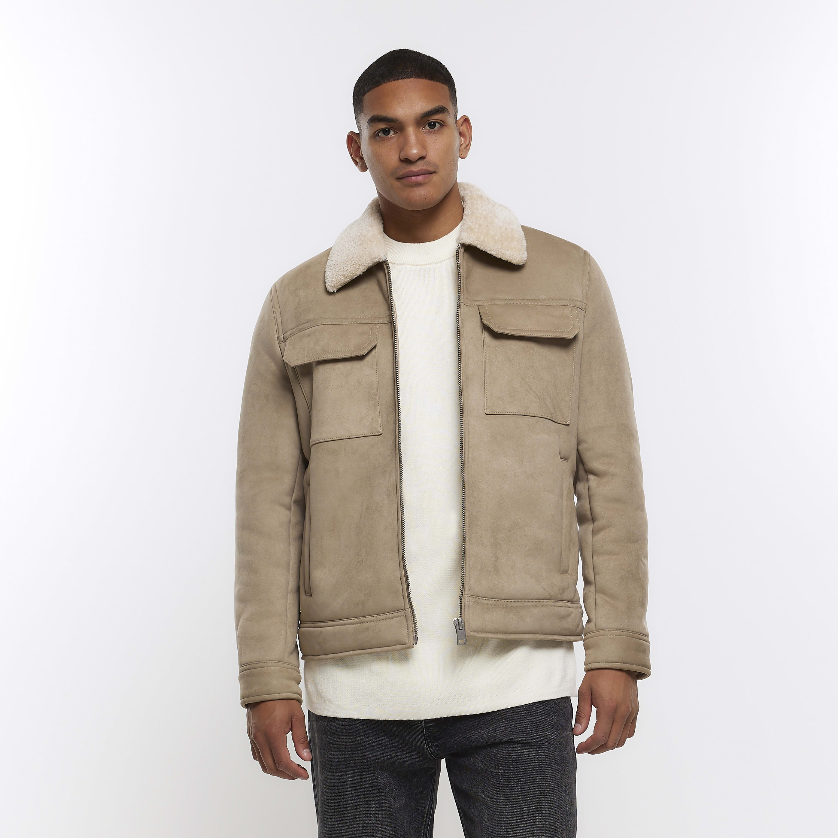 River Island Mens Western Jacket Stone Regular Fit Shearling