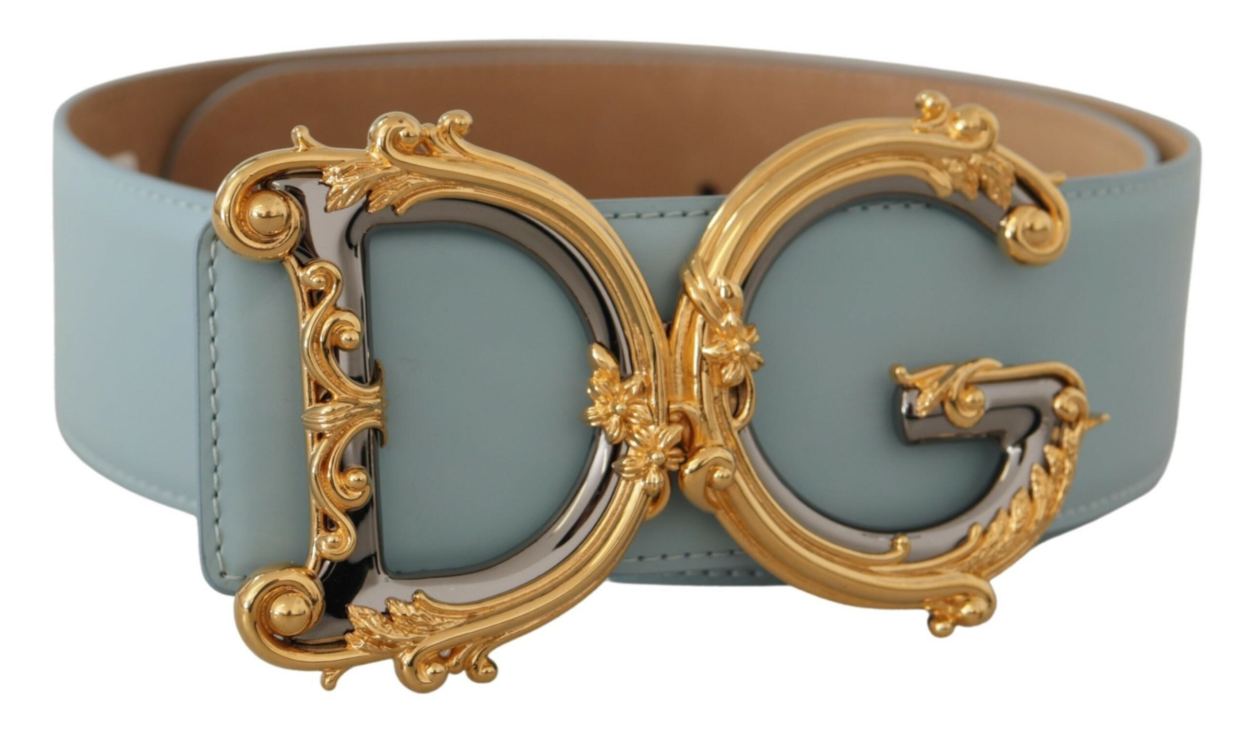 Dolce & Gabbana Women's Blue Leather Wide Waist DG Logo Baroque Gold ...