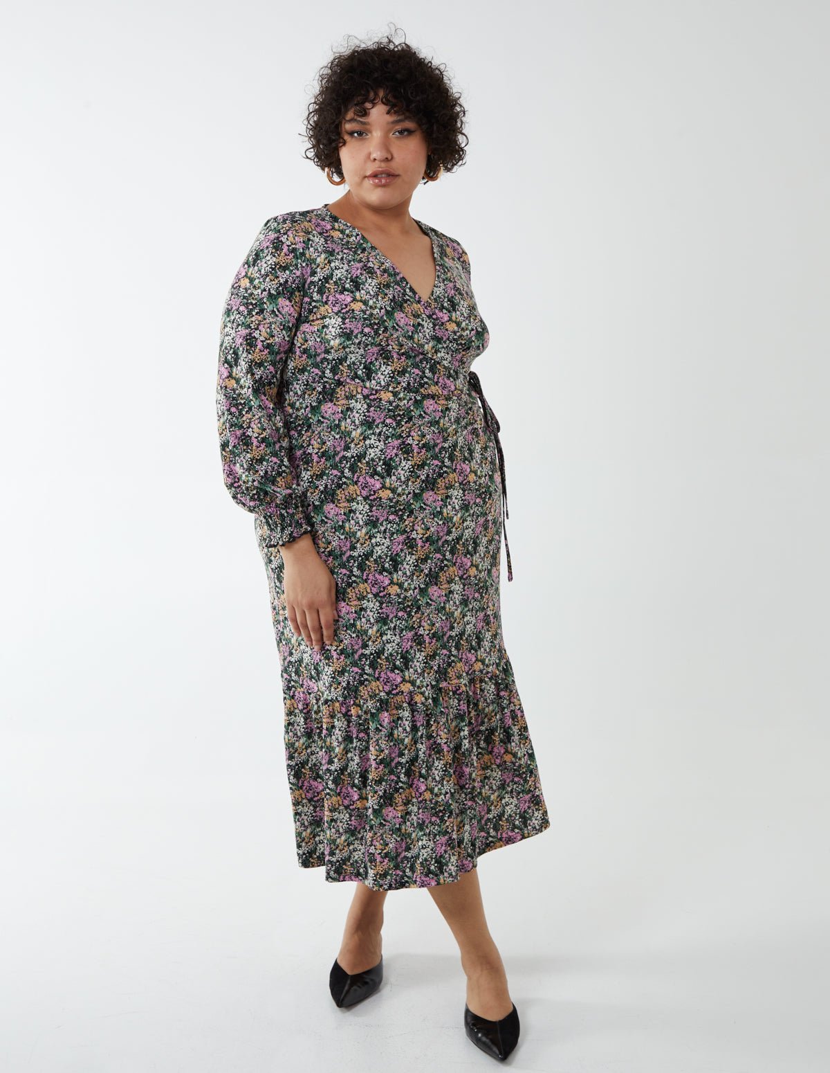 Curve Wrap Front Shirring Cuff Midi Dress