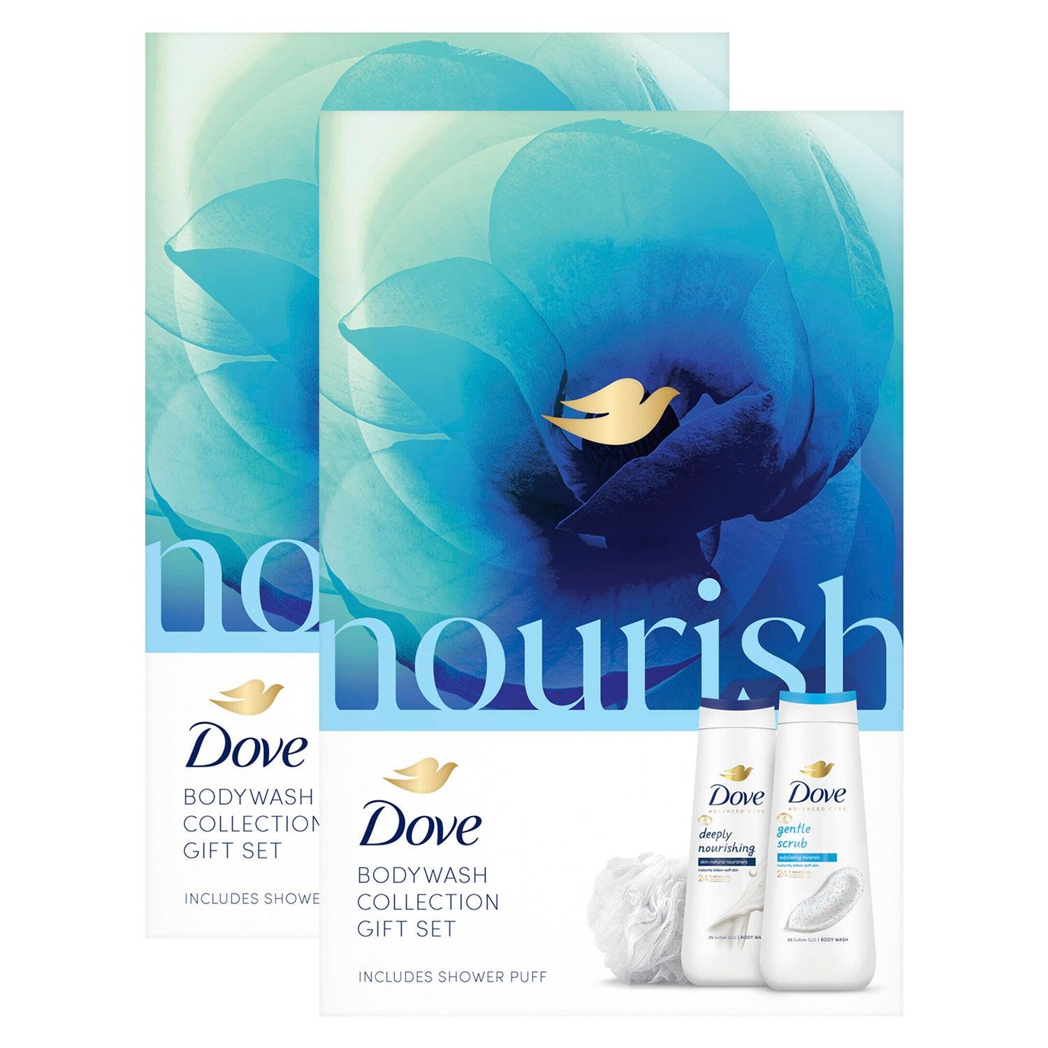 Dove Nourish Bodywash GiftSet for Her with Shower Puff, 2pk