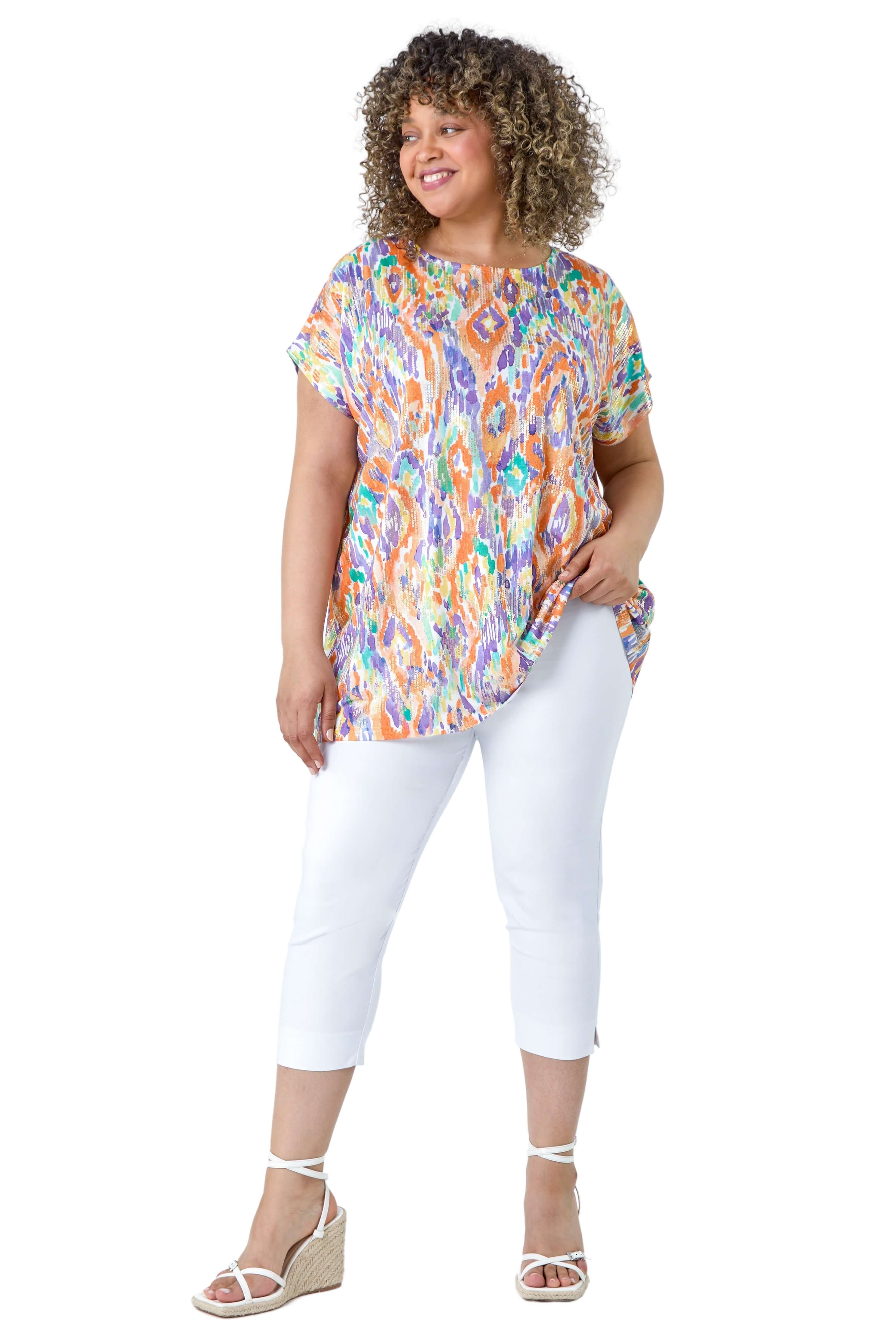Curve Aztec Foil Print Top