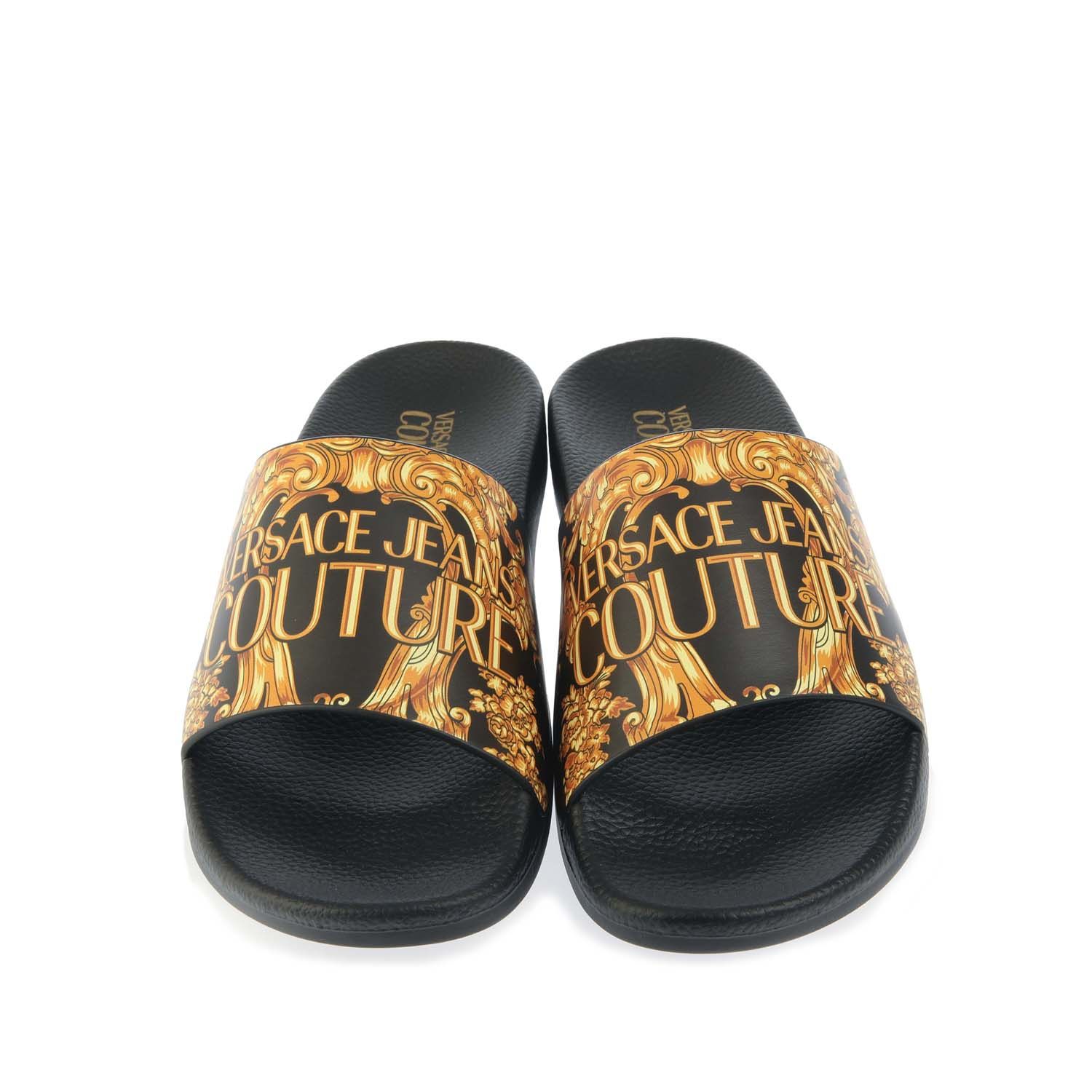 Men's Versace Jeans Couture Baroque Sliders in Black Gold
