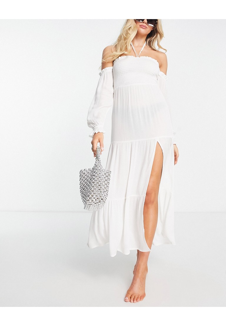 ASOS DESIGN off shoulder shirred waist maxi beach dress in Ivory-White