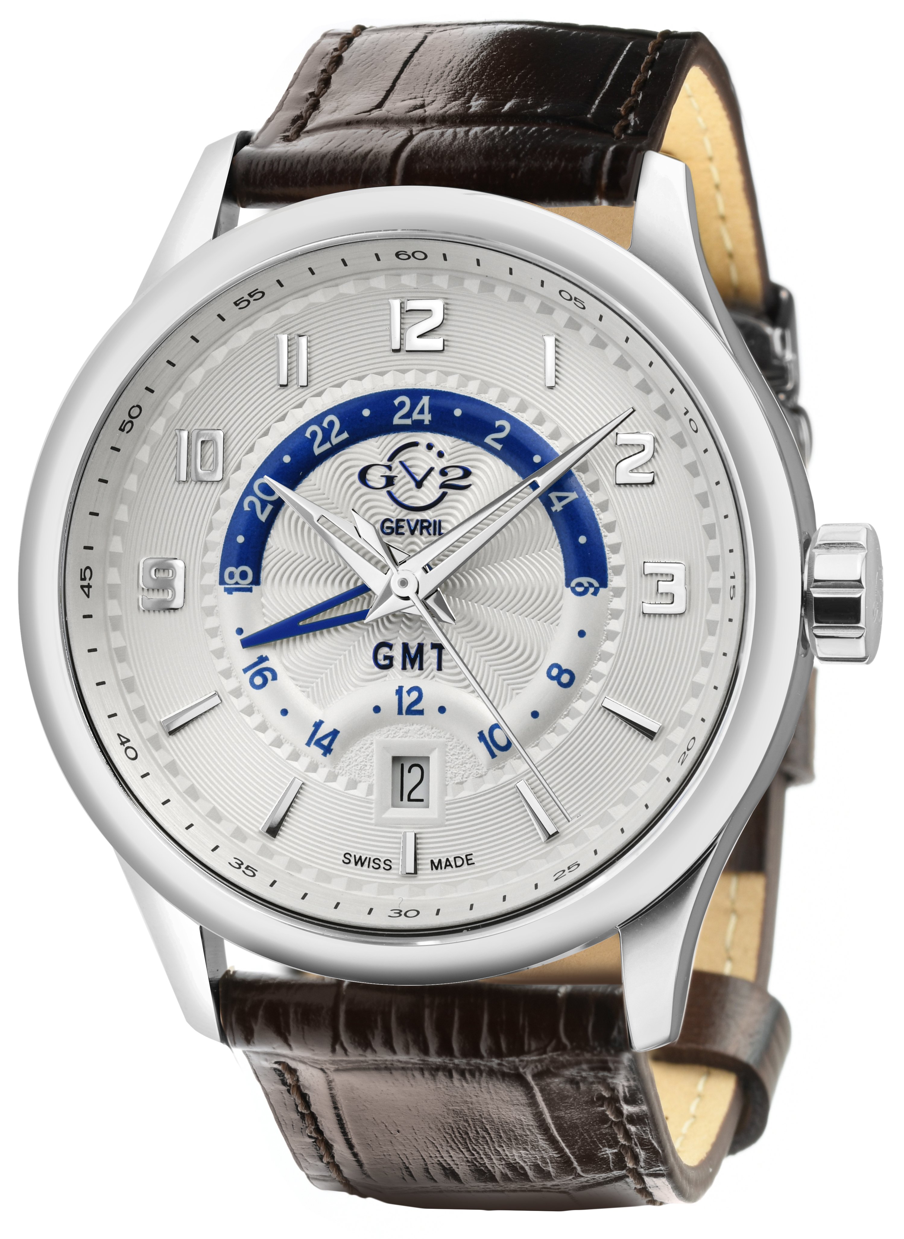 GV2 Men's Giromondo Silver Dial Brown Calfskin Leather Watch