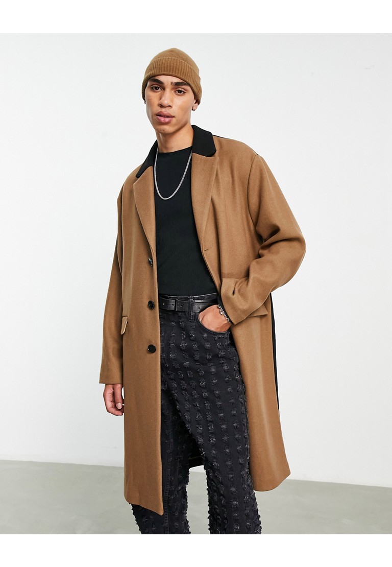Topman wool blend unlined overcoat with colour block in stone and black ...