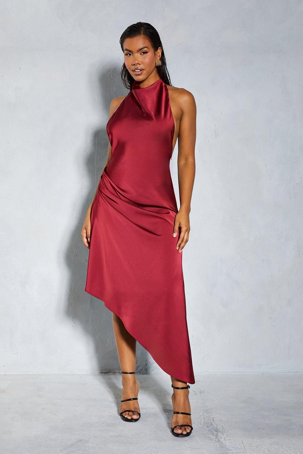 Premium Satin Halterneck Low Back Asymmetric Midi Dress