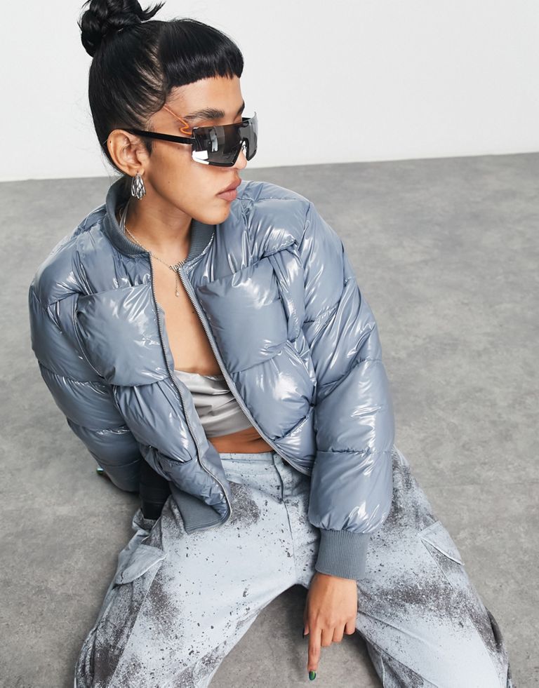 COLLUSION quilted weaved high shine puffer jacket in iced blue