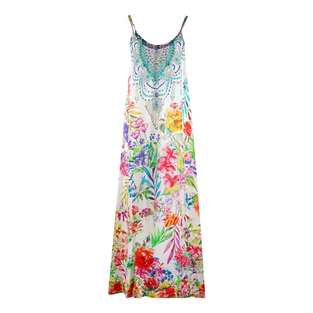 Inoa White Floral 1947 Multicoloured Silk Strap Maxi Dress