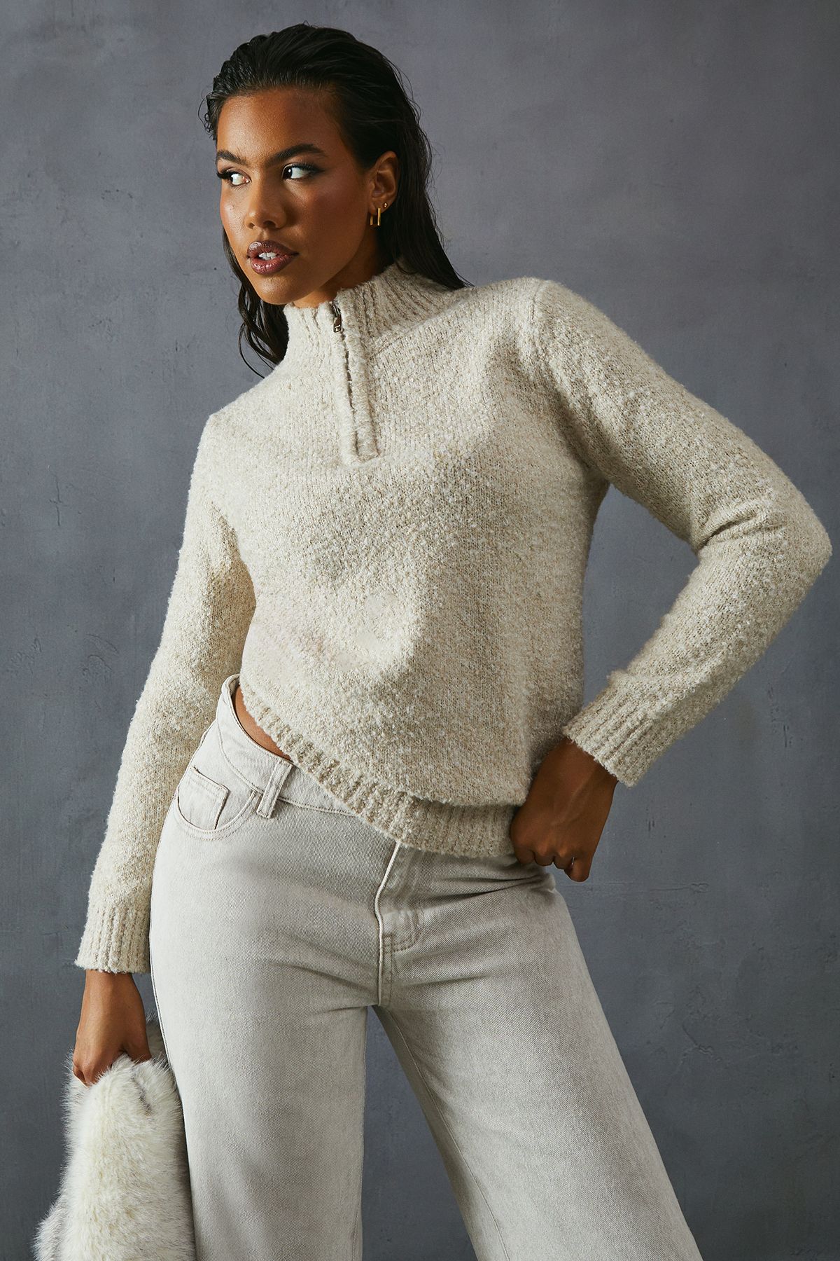 Knitted Boucle Zip Up Neck Oversized Jumper