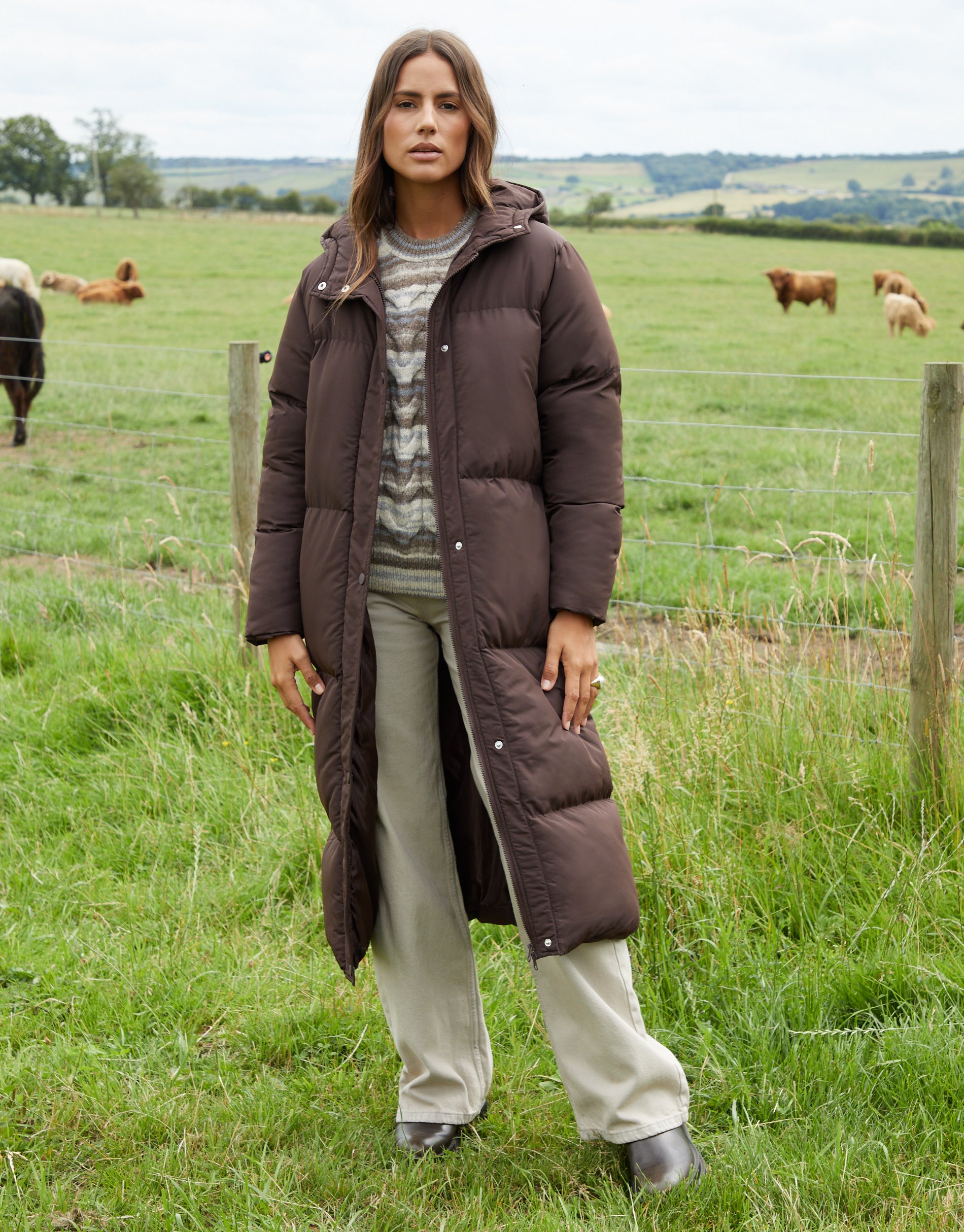 Chocolate 'Jodie' Quilted Puffer Maxi Jacket
