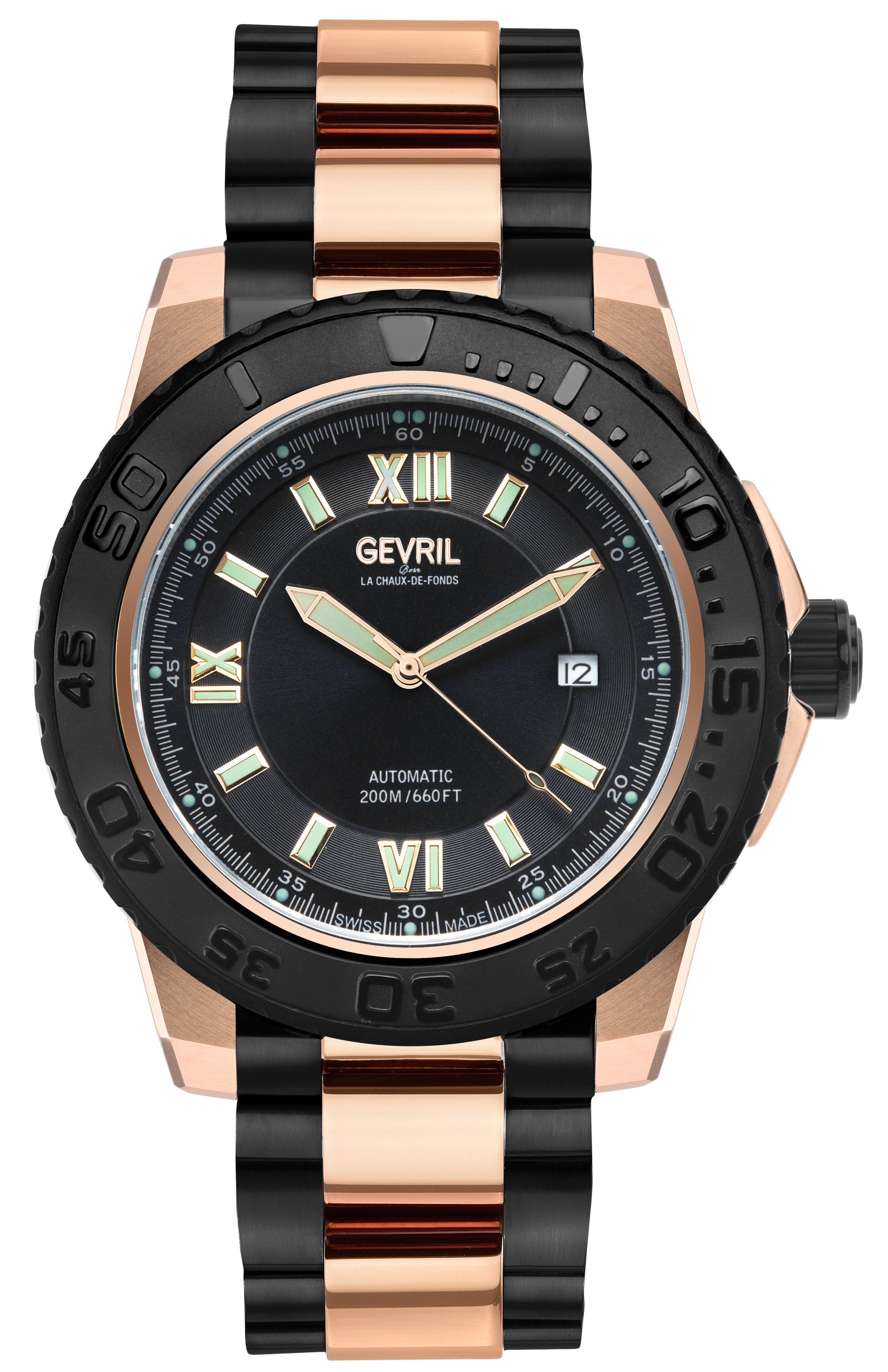 Gevril Men's Seacloud 3123B Swiss Automatic Black Dial Two-Tone Rose Gold Date Watch