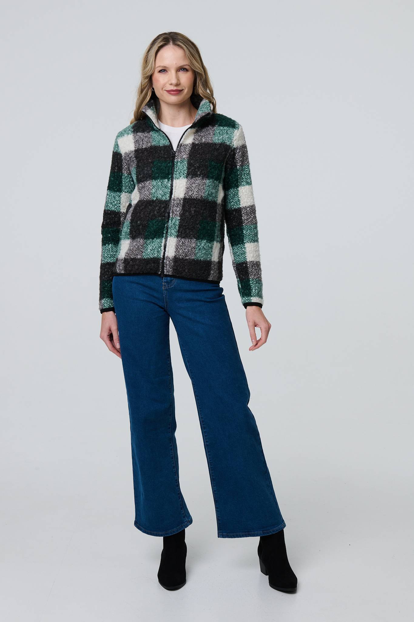 Green Checked Zip Front Boxy Teddy Jacket