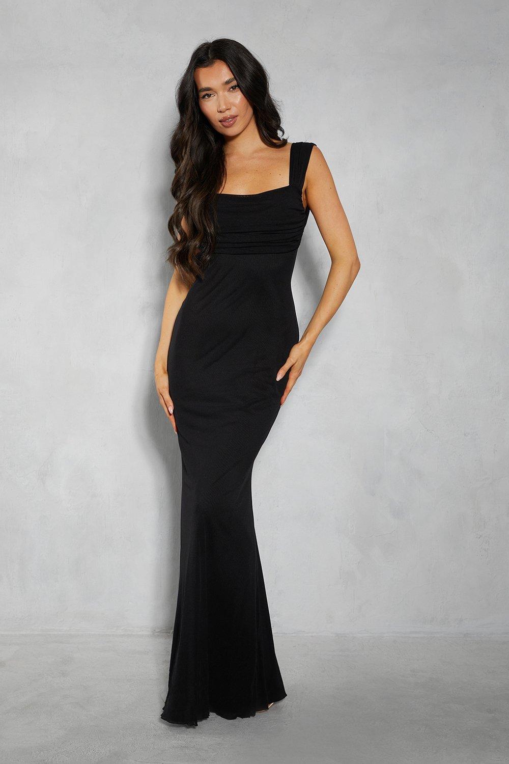 Mesh Ruched Bust Lace Up Back Fishtail Maxi Dress