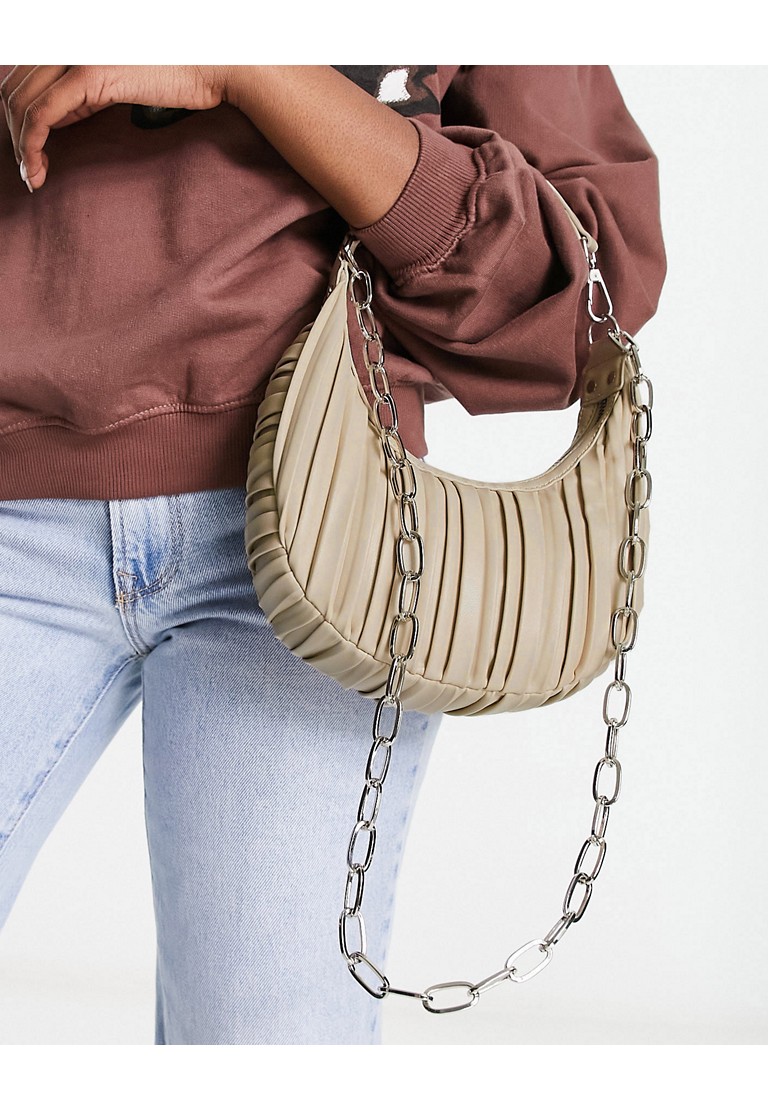 ASOS DESIGN pleated shoulder bag with chain detailing in stone-Brown