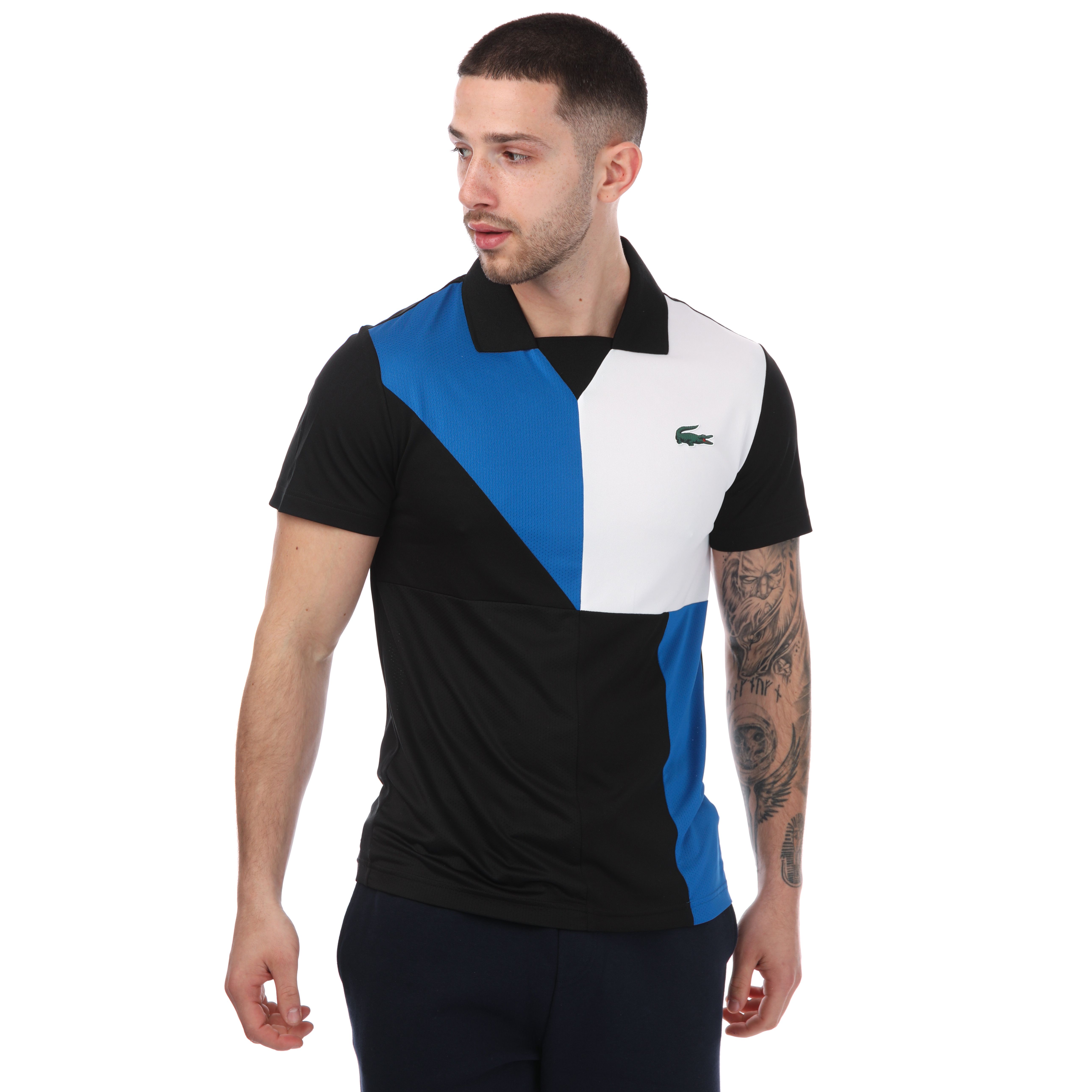 Men's Lacoste Sport Colour-Block Ultra Dry Pique Polo Shirt in black blue