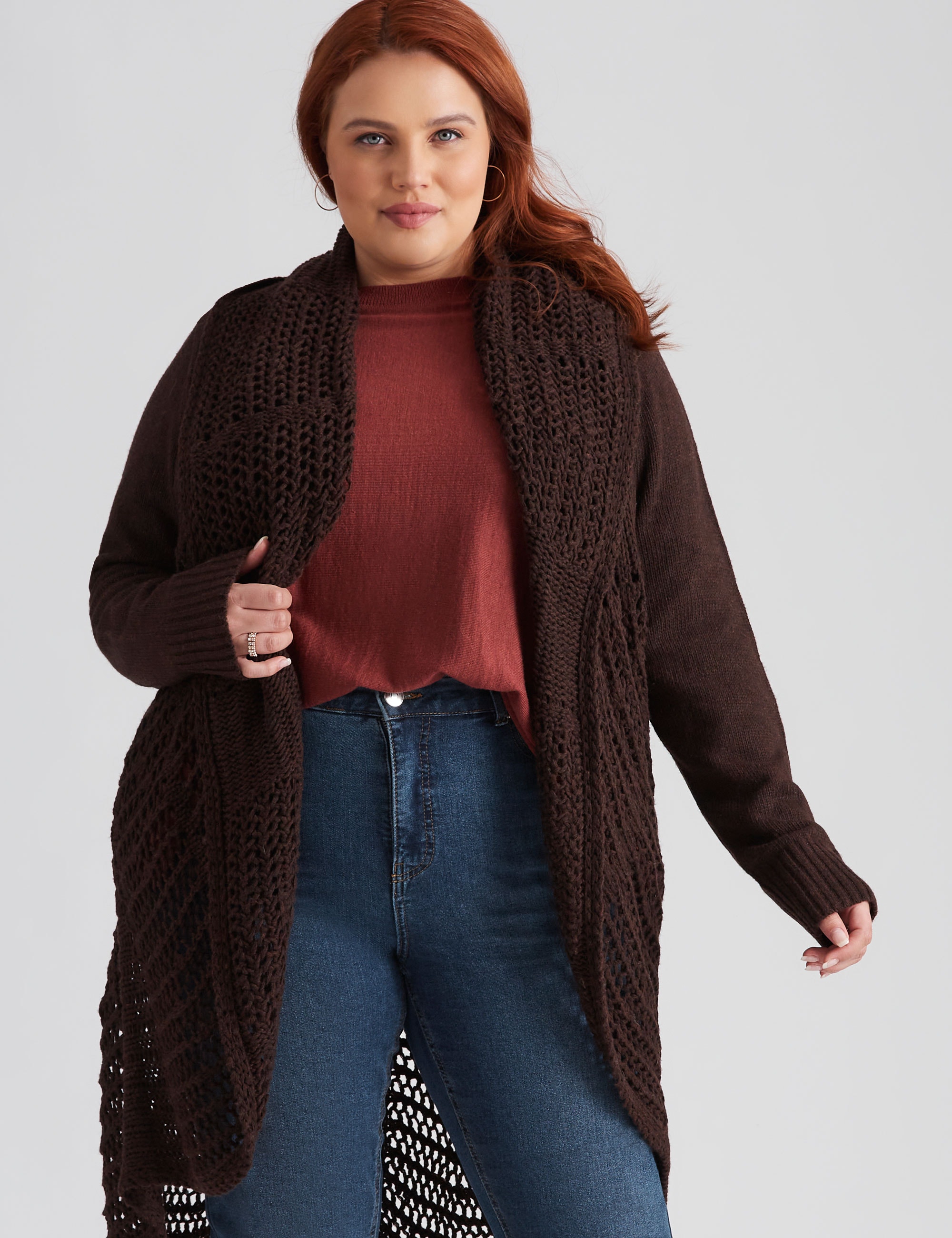 Womens Beme Long Sleeve Crochet Shawl Collar Edge To Edge Cardigan ...