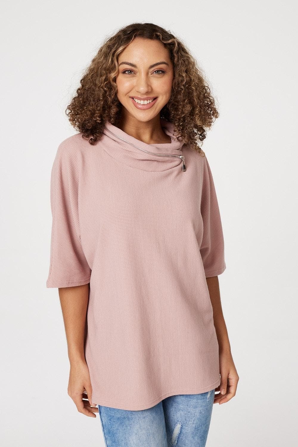 Pink Zip Embellished Cowl Neck Top