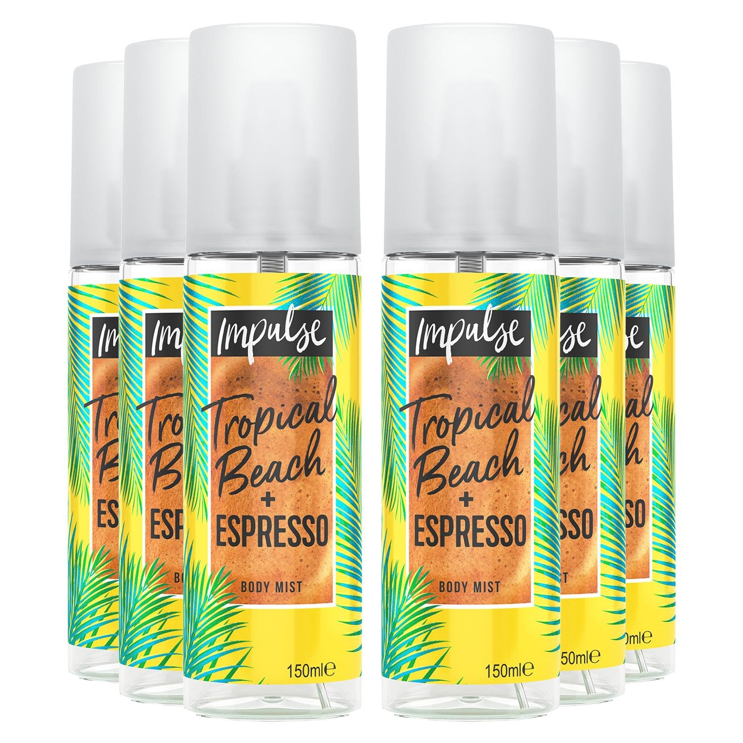 Impulse Body Mist with Tropical Beach and Espresso 150ml, 6 Pack