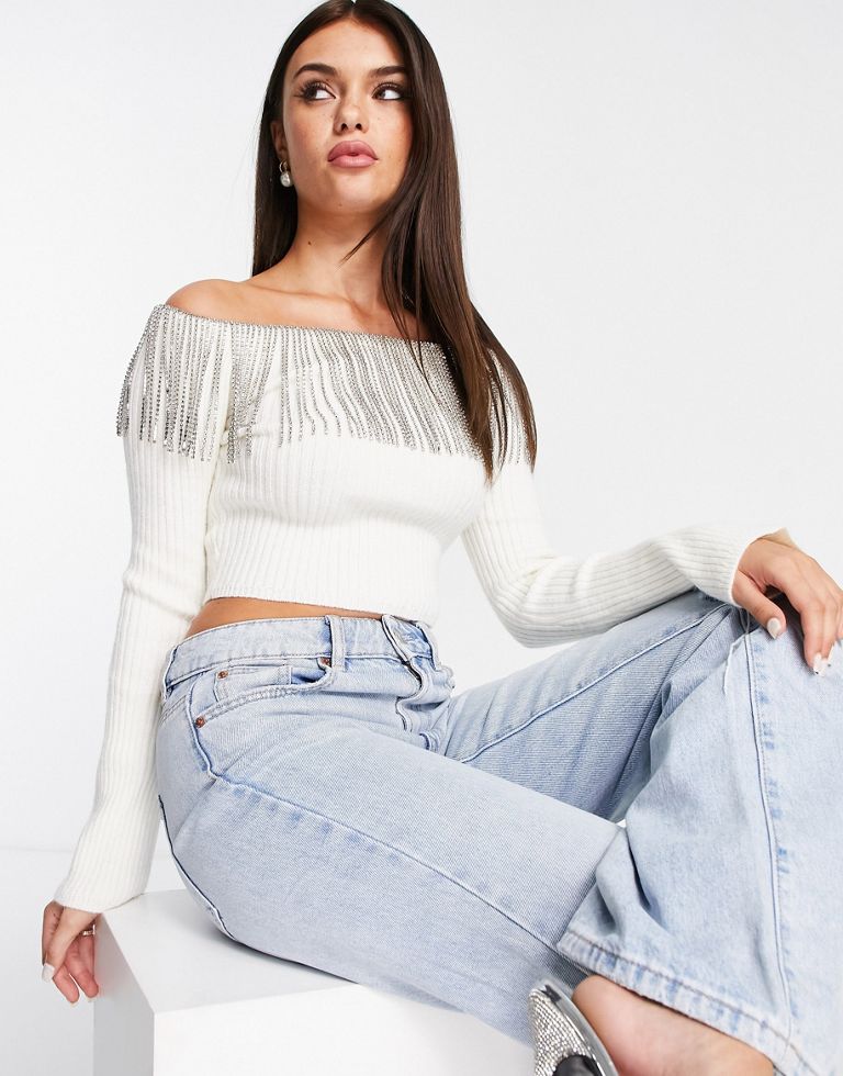 Miss Selfridge diamonte fringe knit bardot jumper in ivory-White